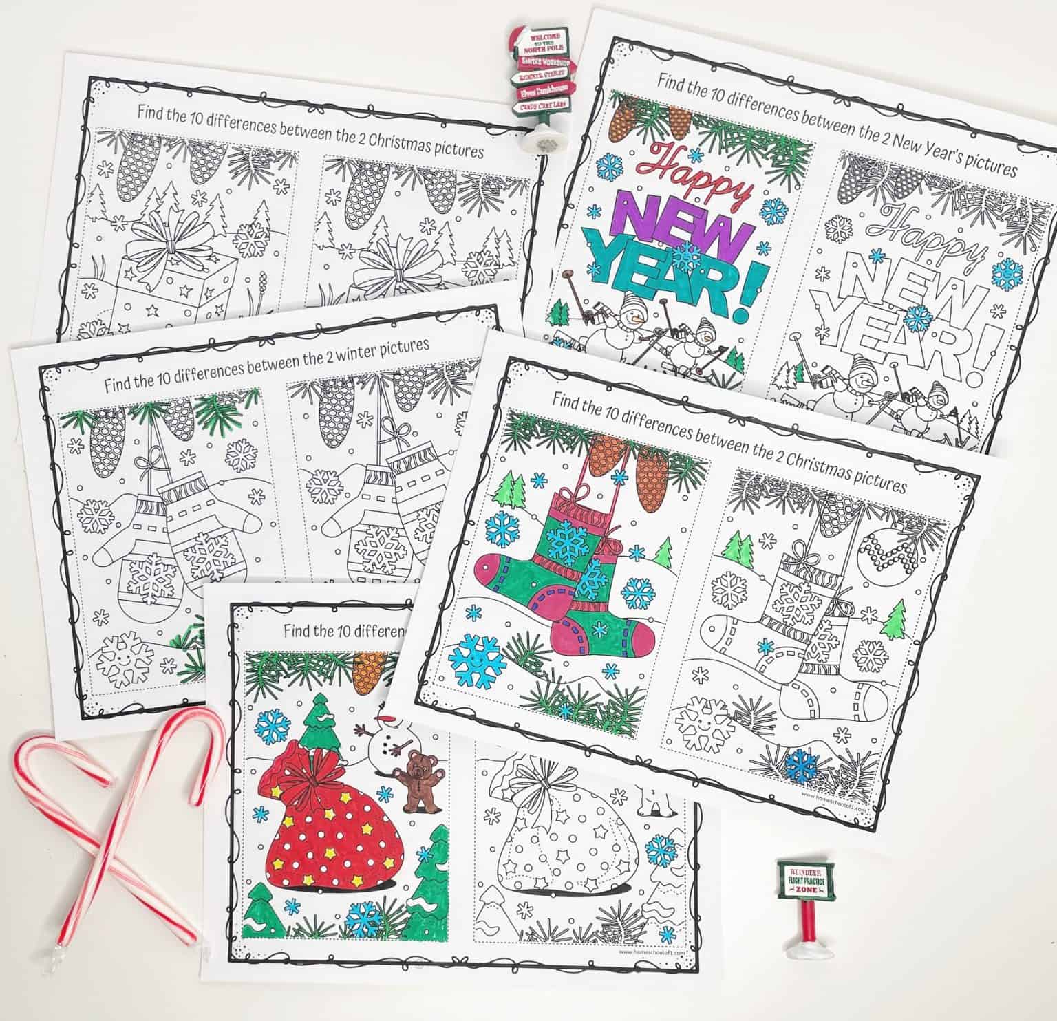 Free Christmas Spot the Difference Printable for Kids to Color