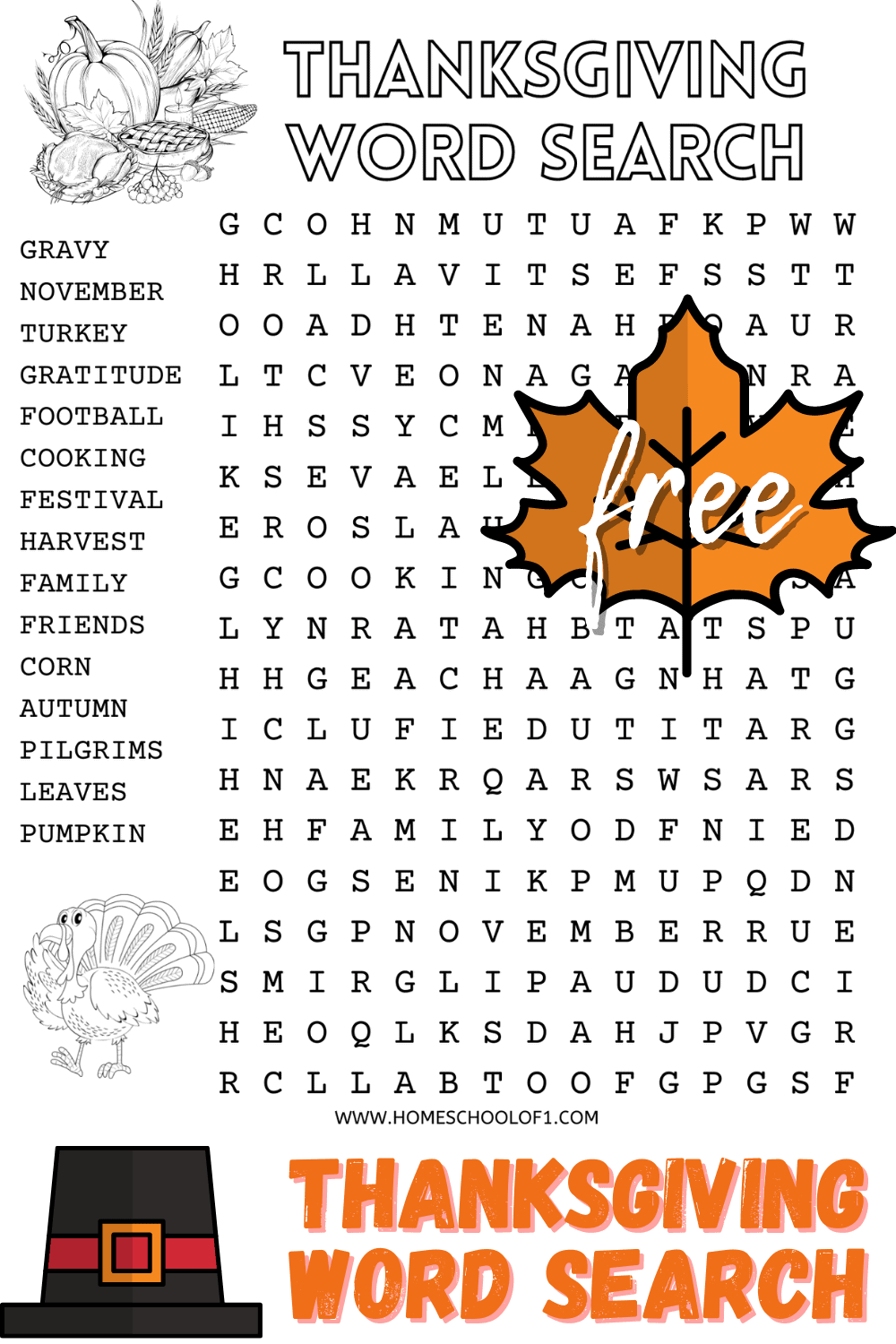 Free Thanksgiving Word Search Printable for Kids