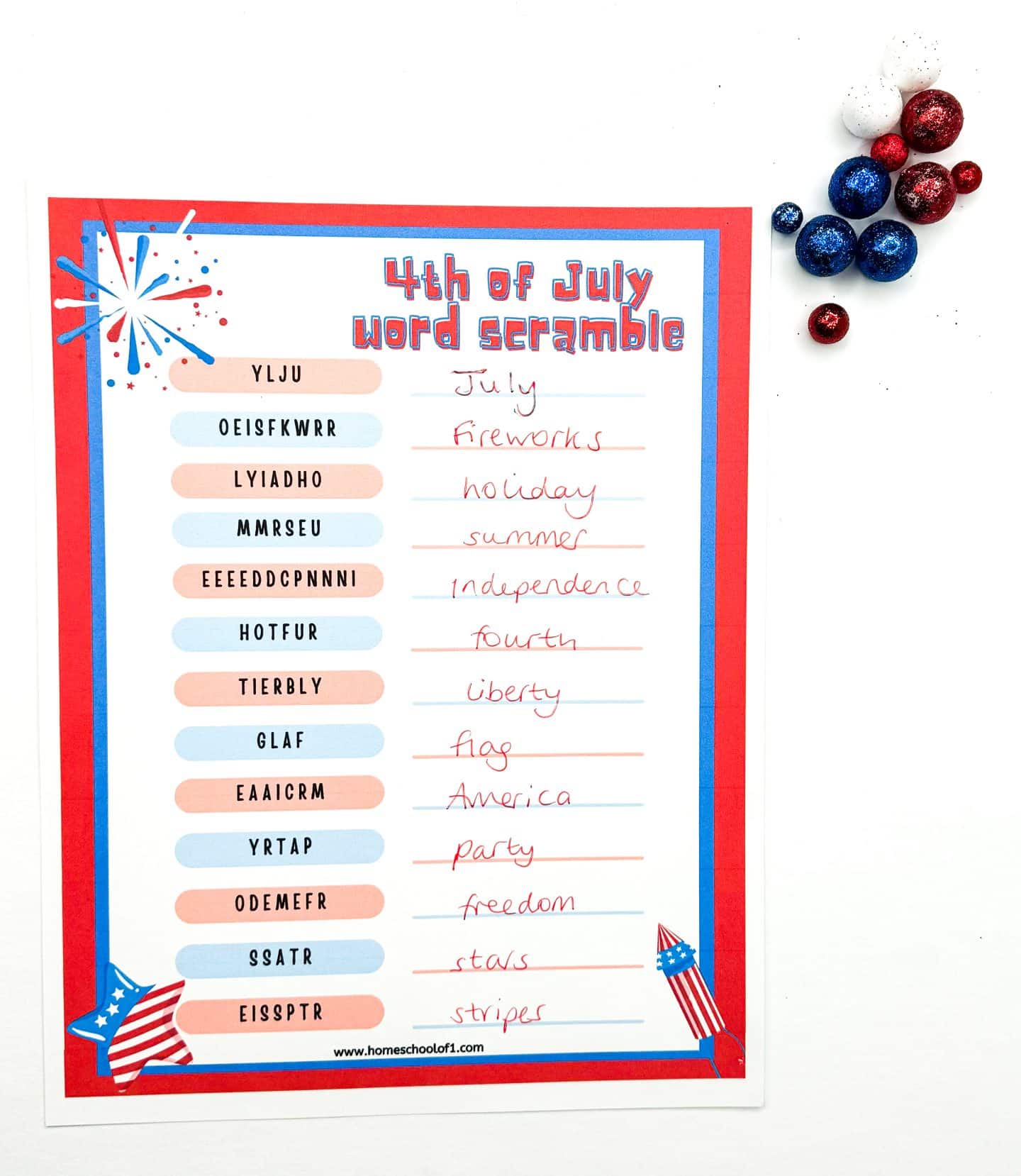 Free 4th of July Word Scramble Printable for Kids