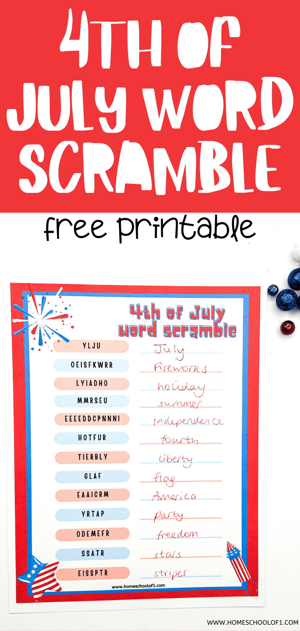 Free 4th of July Word Scramble Printable for Kids