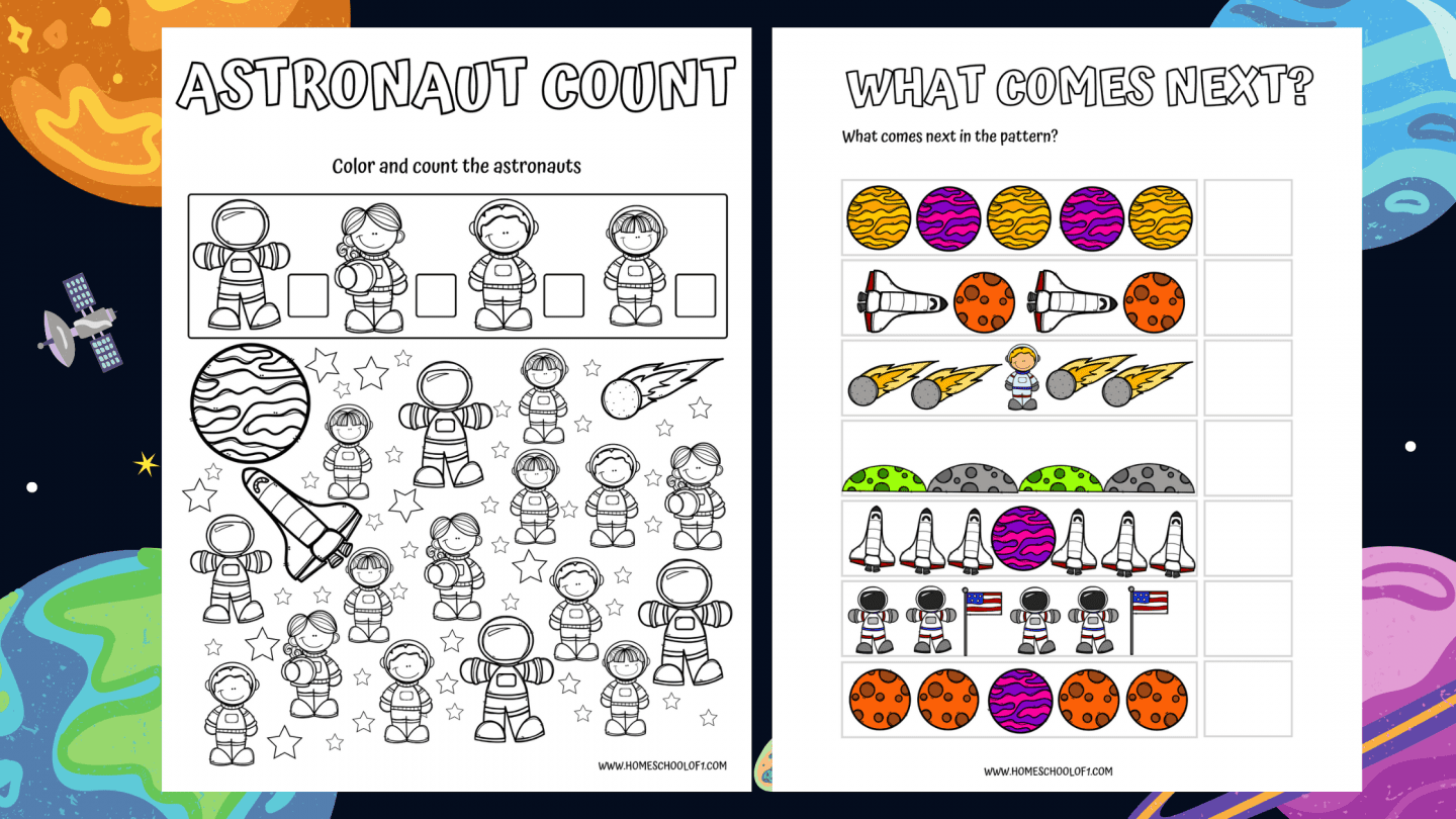 4 Free Astronaut Worksheets: Count & Color (for preschool)