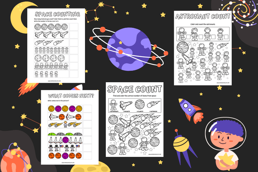 4 Free Astronaut Worksheets: Count & Color (for preschool)