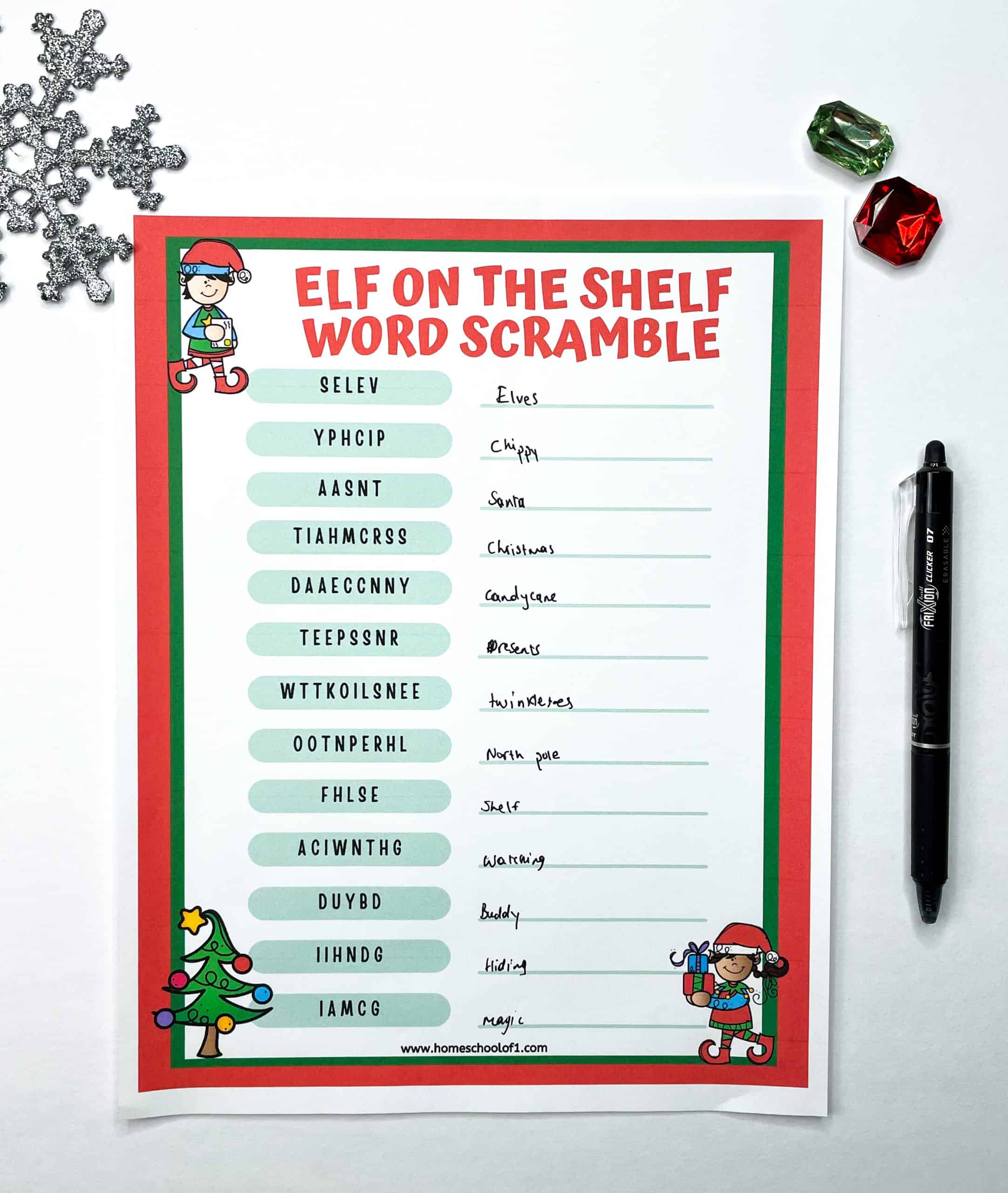 Elf on the Shelf Word Scramble (Easy & Hard Version)