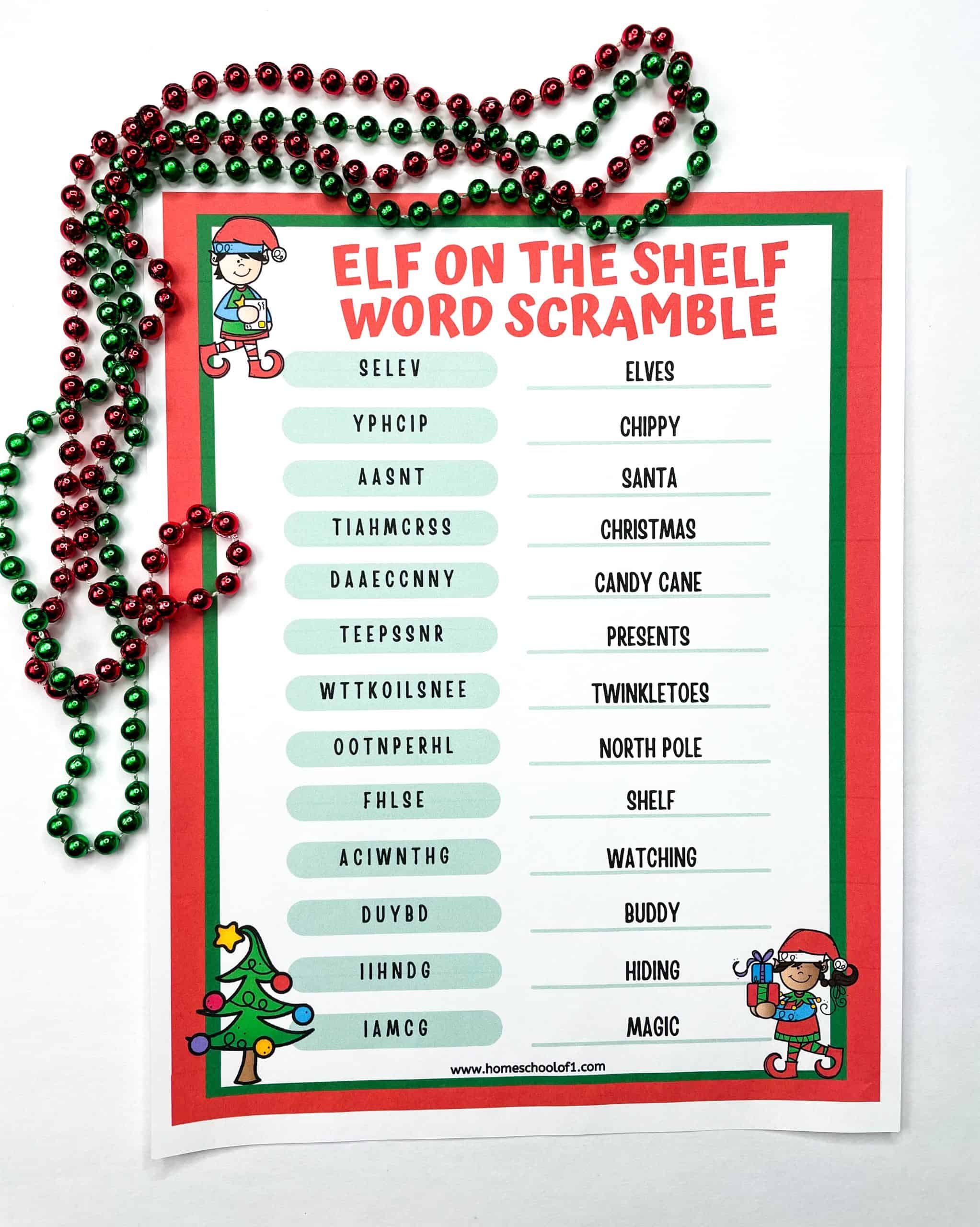 Elf on the Shelf Word Scramble (Easy & Hard Version)