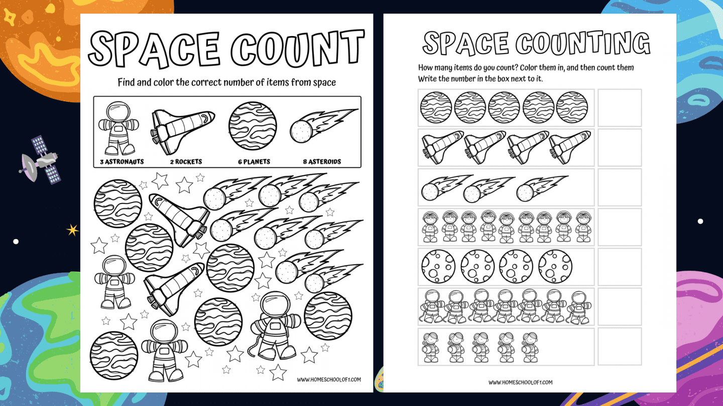 4 Free Astronaut Worksheets: Count & Color