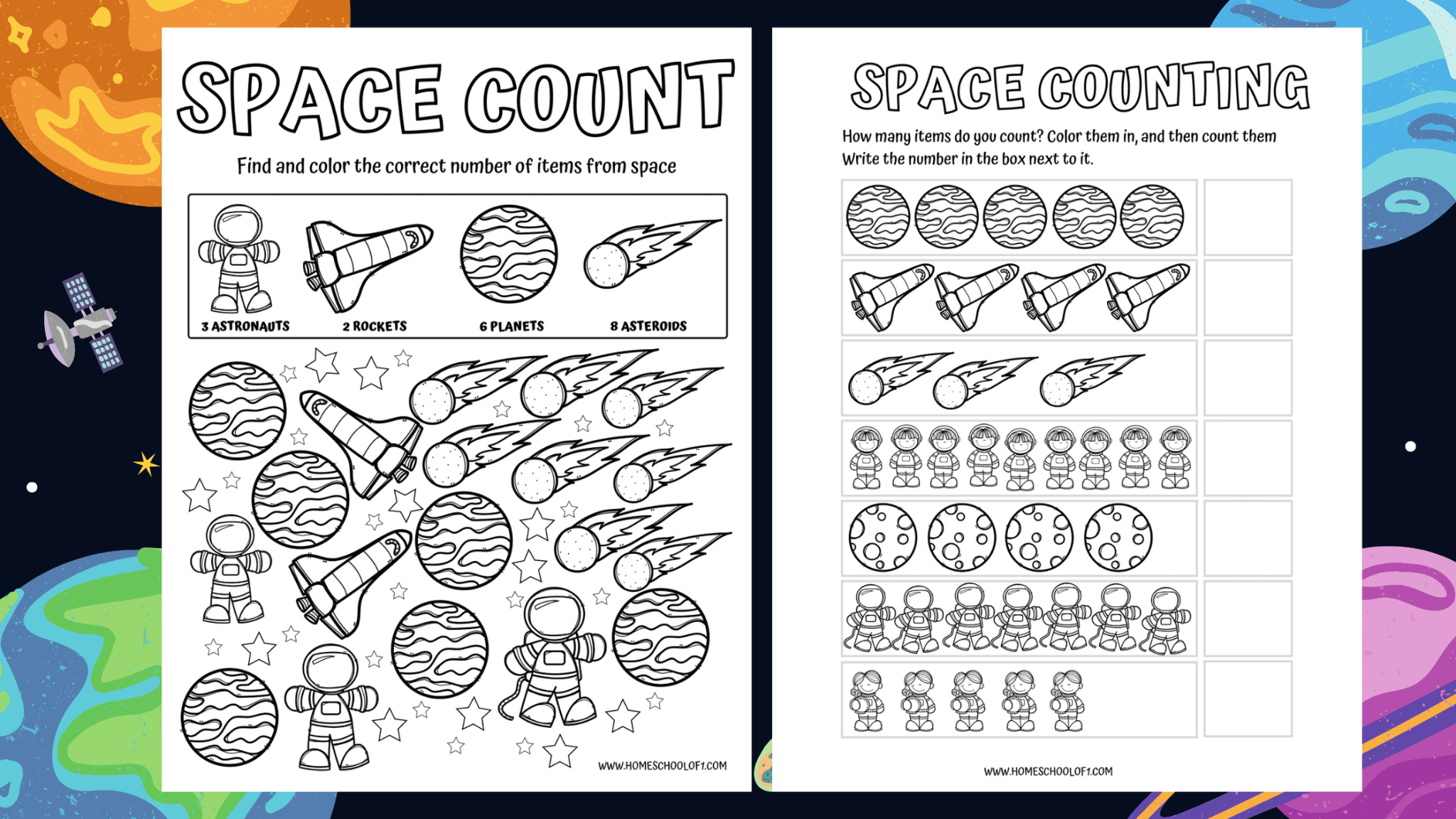 4 Free Astronaut Worksheets: Count & Color (for preschool)
