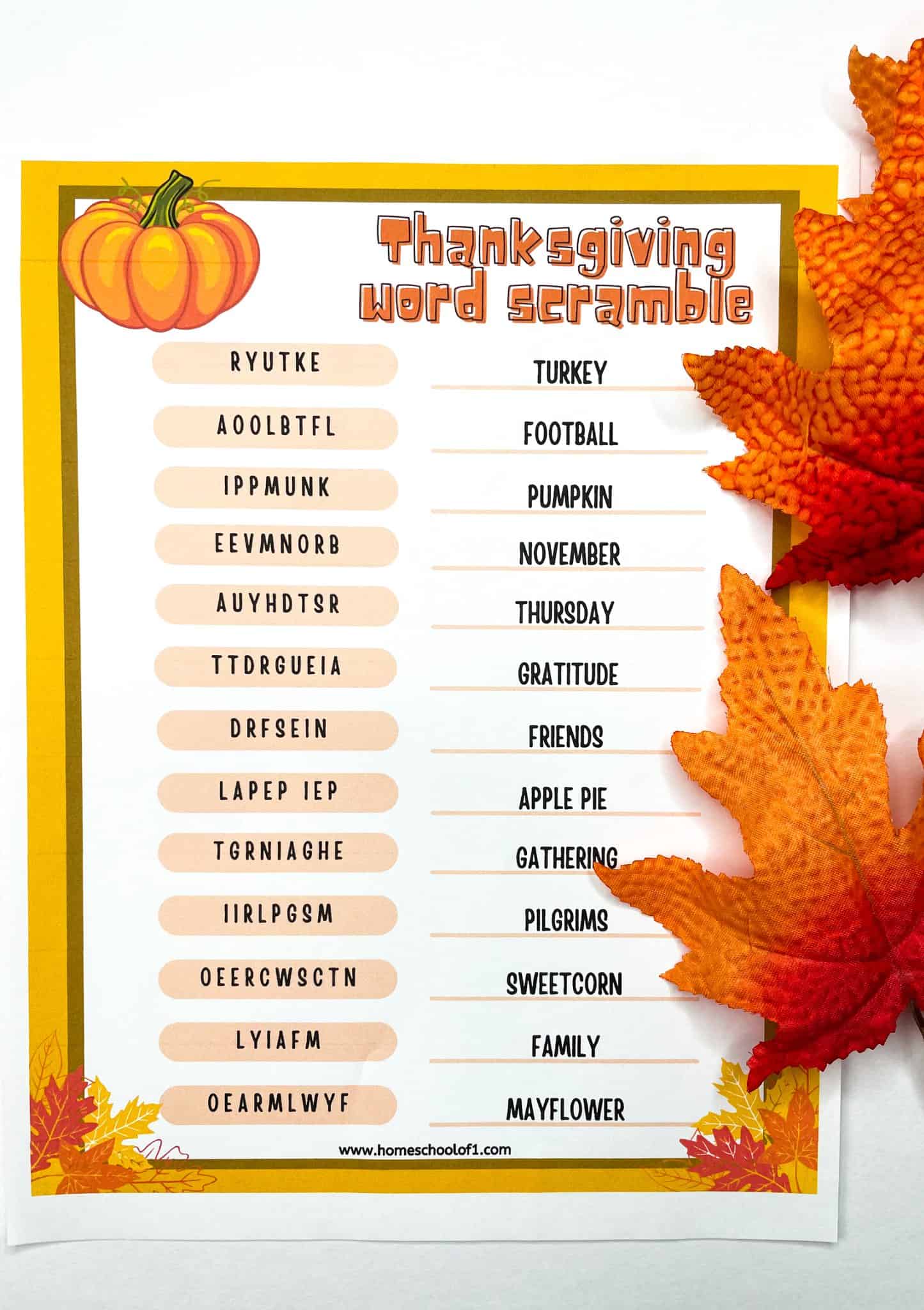 Free Thanksgiving Word Scramble Printable (With Answers)