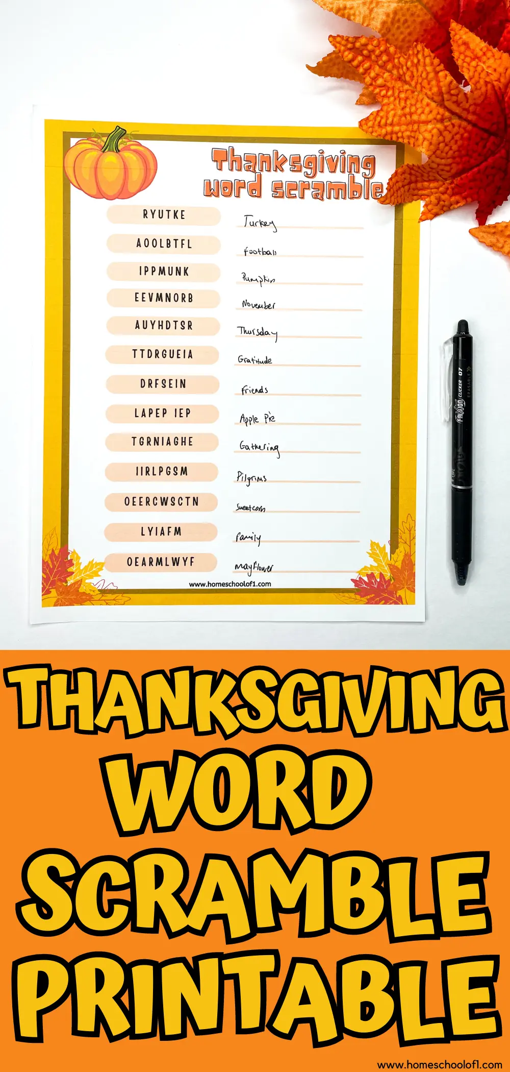 Free Thanksgiving Word Scramble Printable (With Answers)