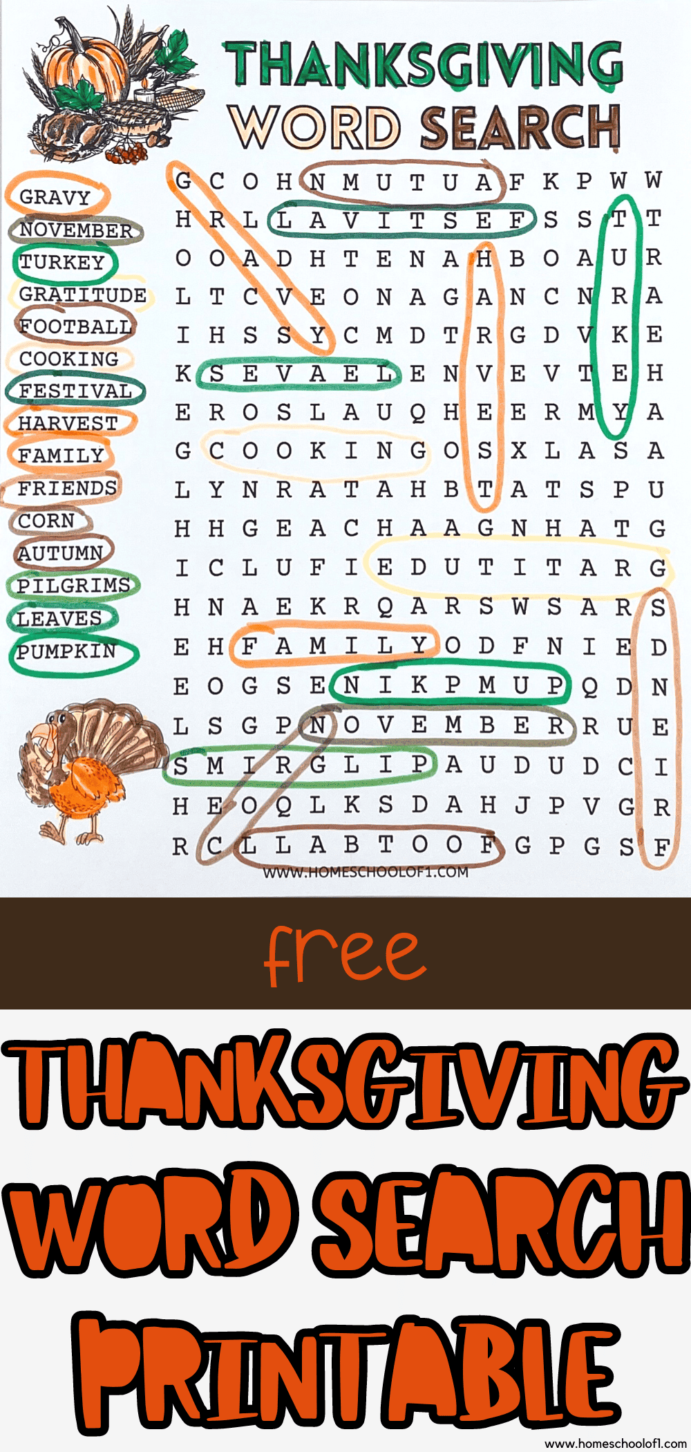 Free Thanksgiving Word Search Printable for Kids