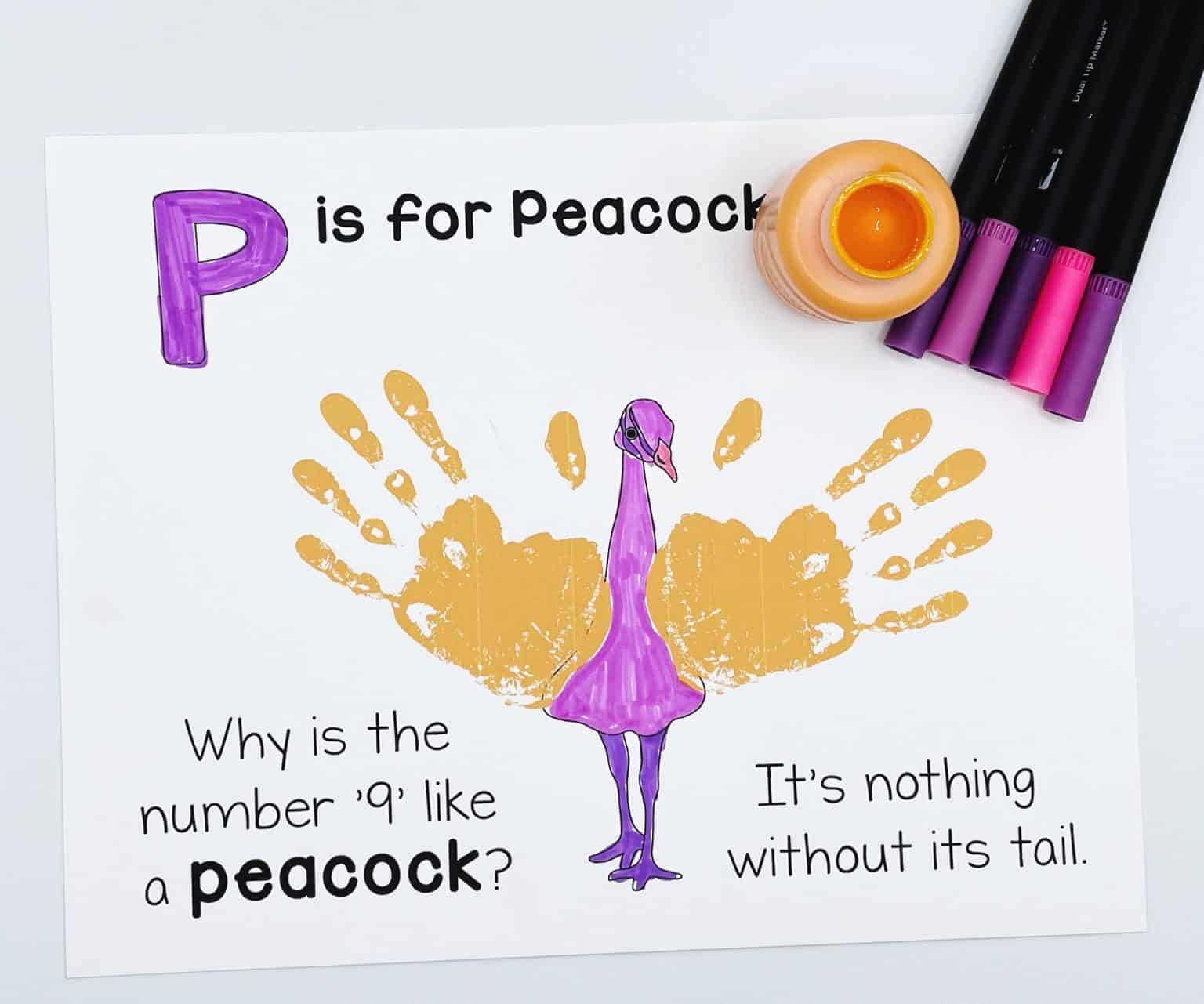 Free Printable P is for Peacock Handprint Art