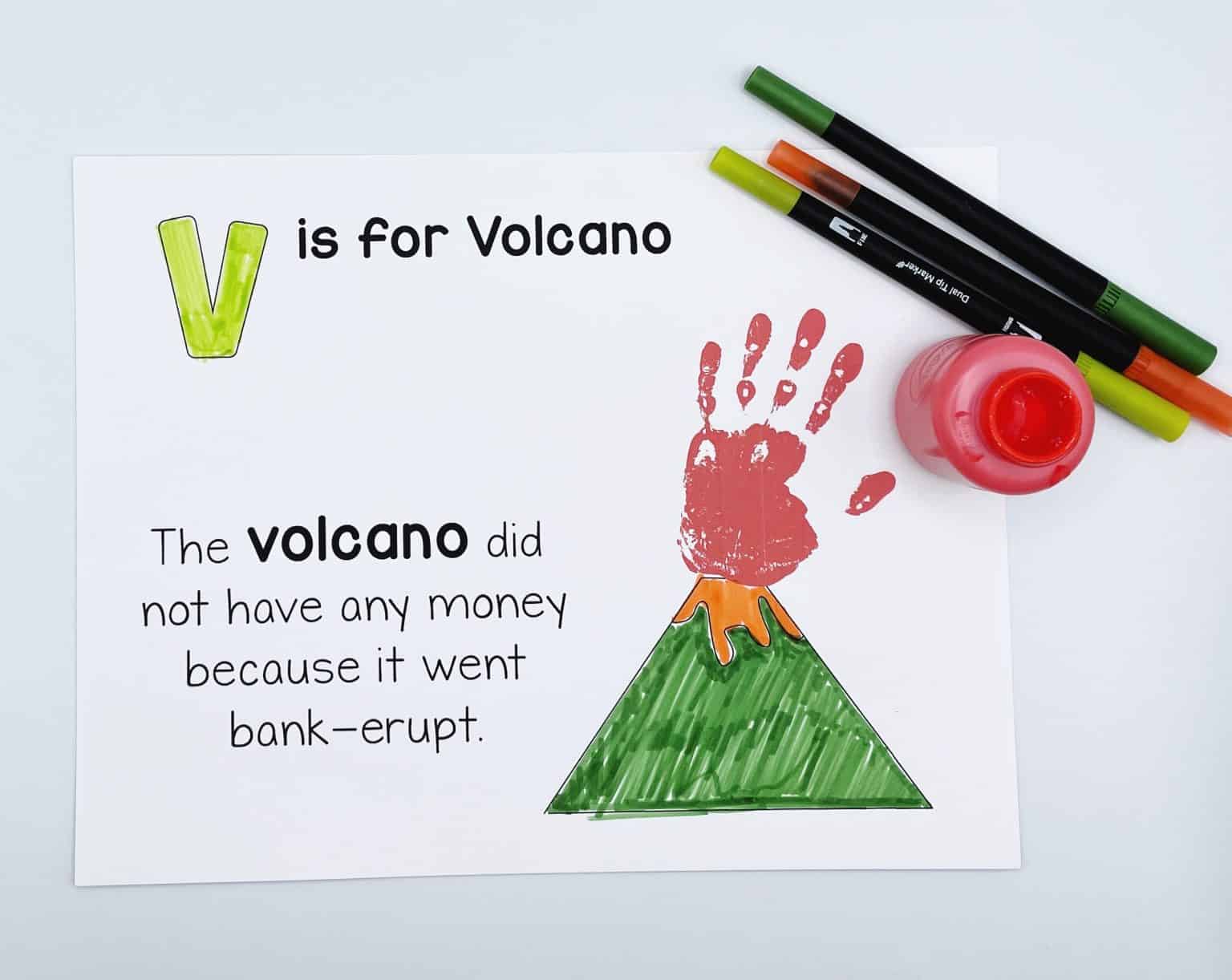 V is for Volcano Craft (Letter V Handprint + Free Printable)