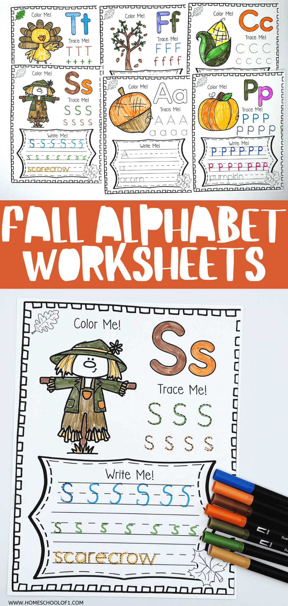 Free Fall Alphabet Worksheets (Color, Write & Trace)