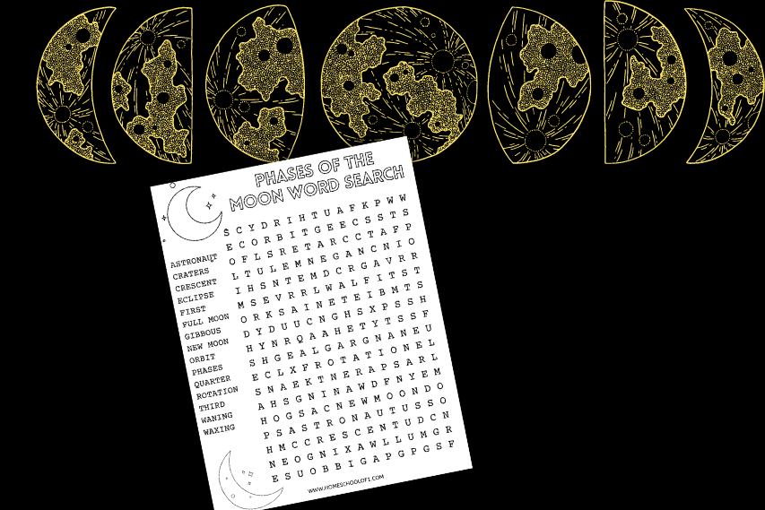 Phases of the Moon Word Search Printable for Kids