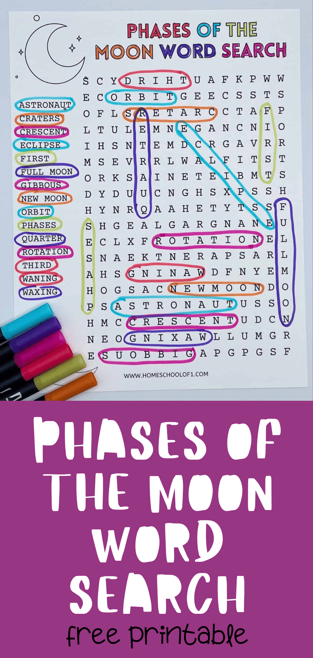 Free Phases of the Moon Word Search Printable