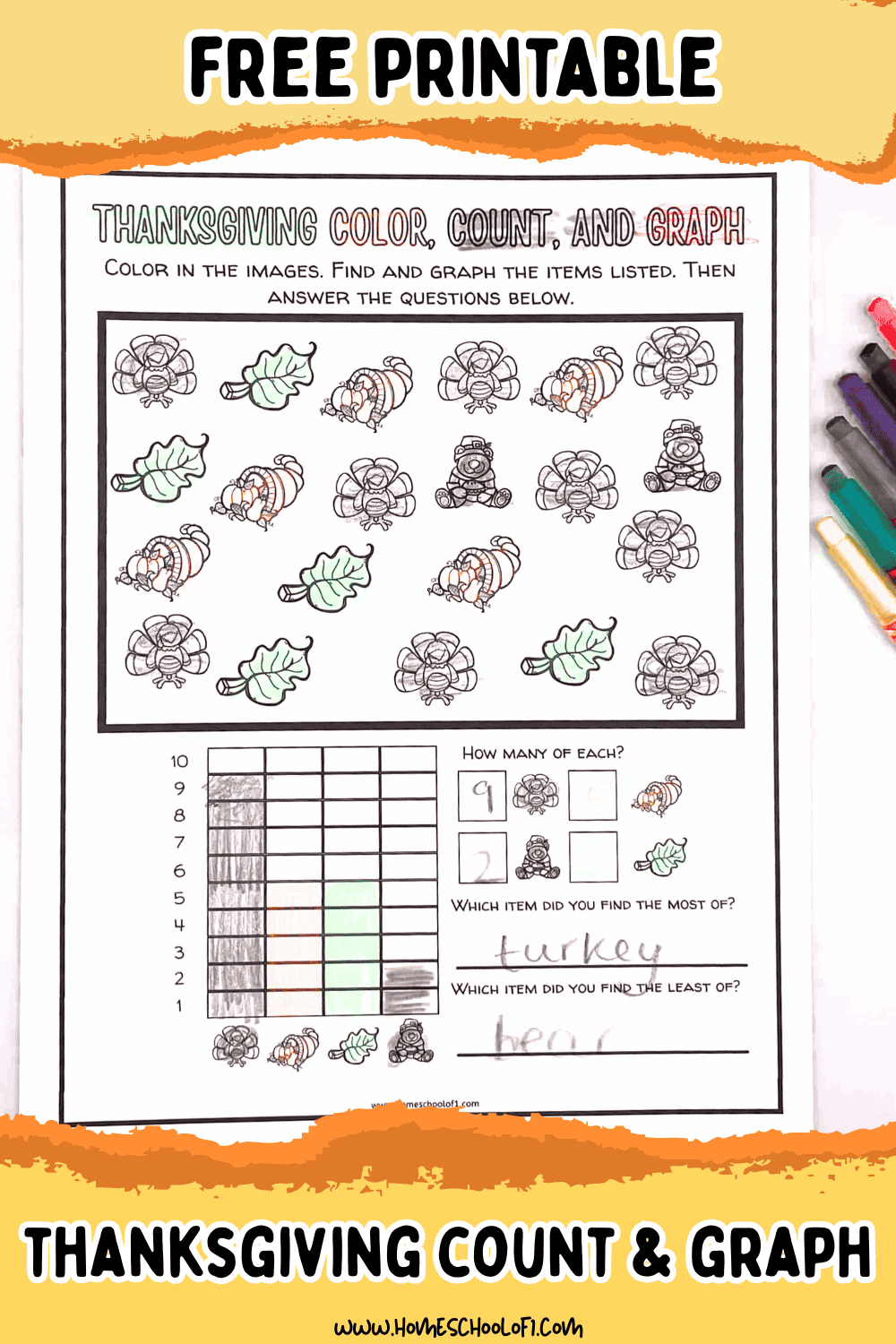 Free Thanksgiving Graphing Worksheets, Color and Count