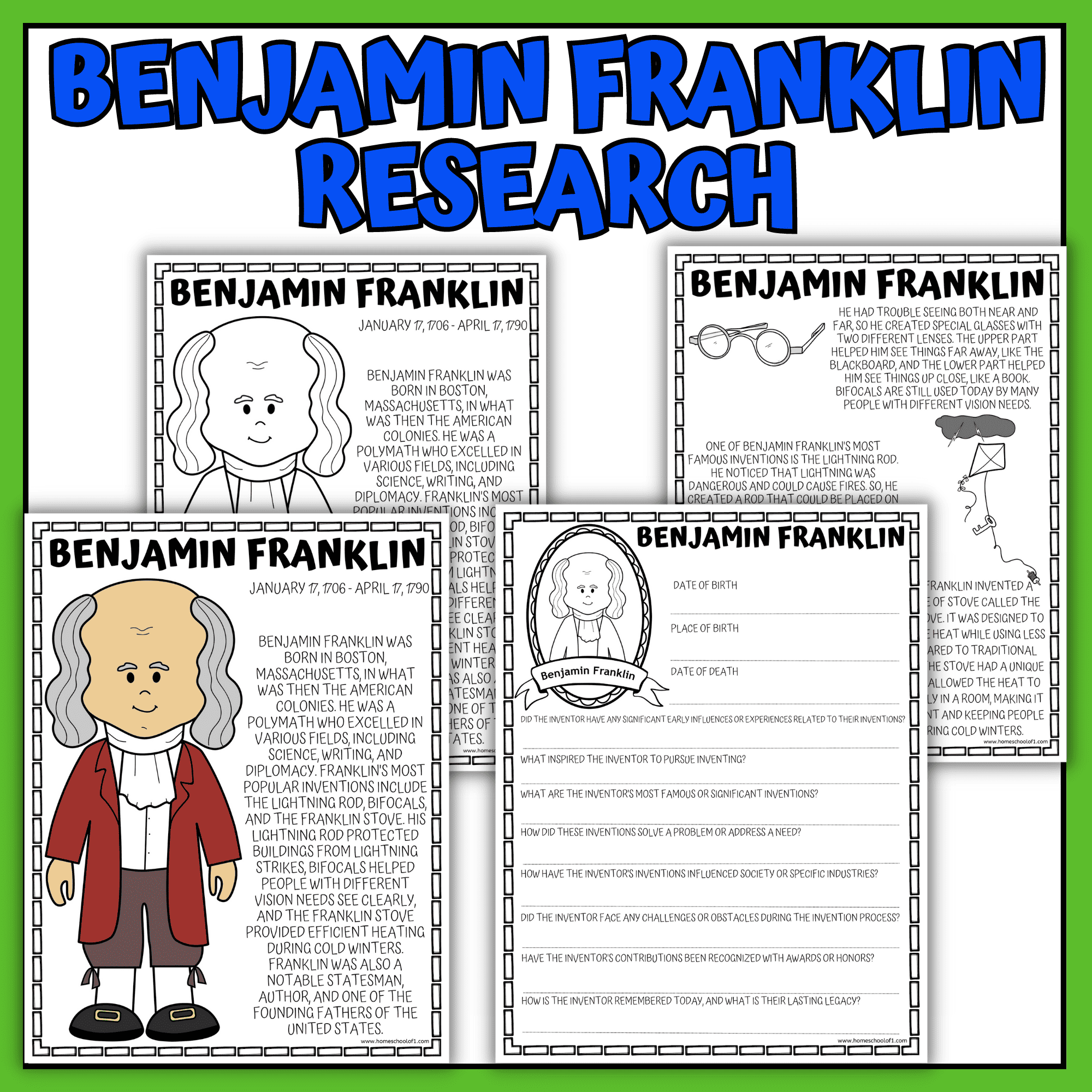 Free Benjamin Franklin Coloring Pages & Timeline Worksheets