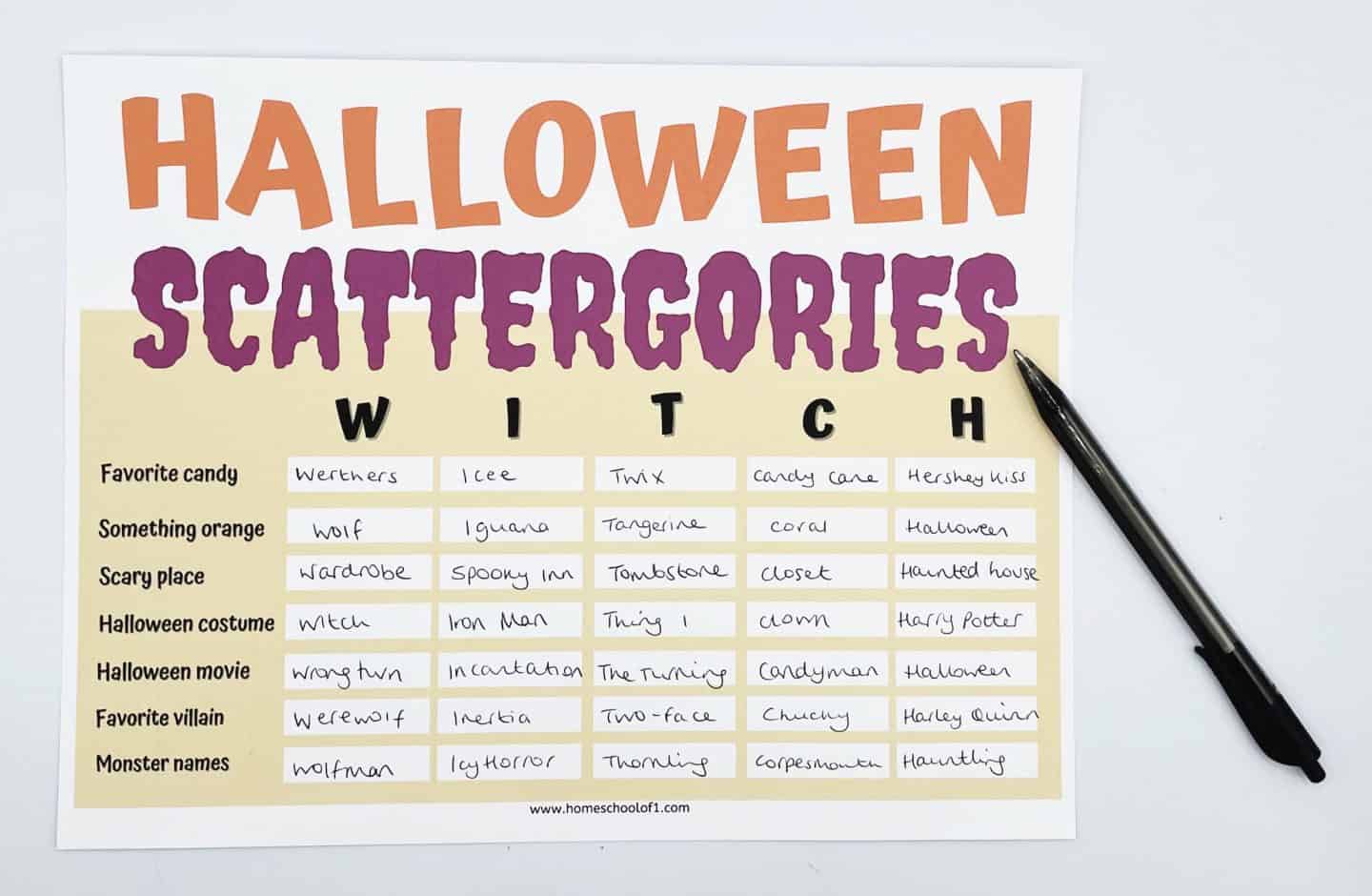 Free Halloween Scattergories Printable Game