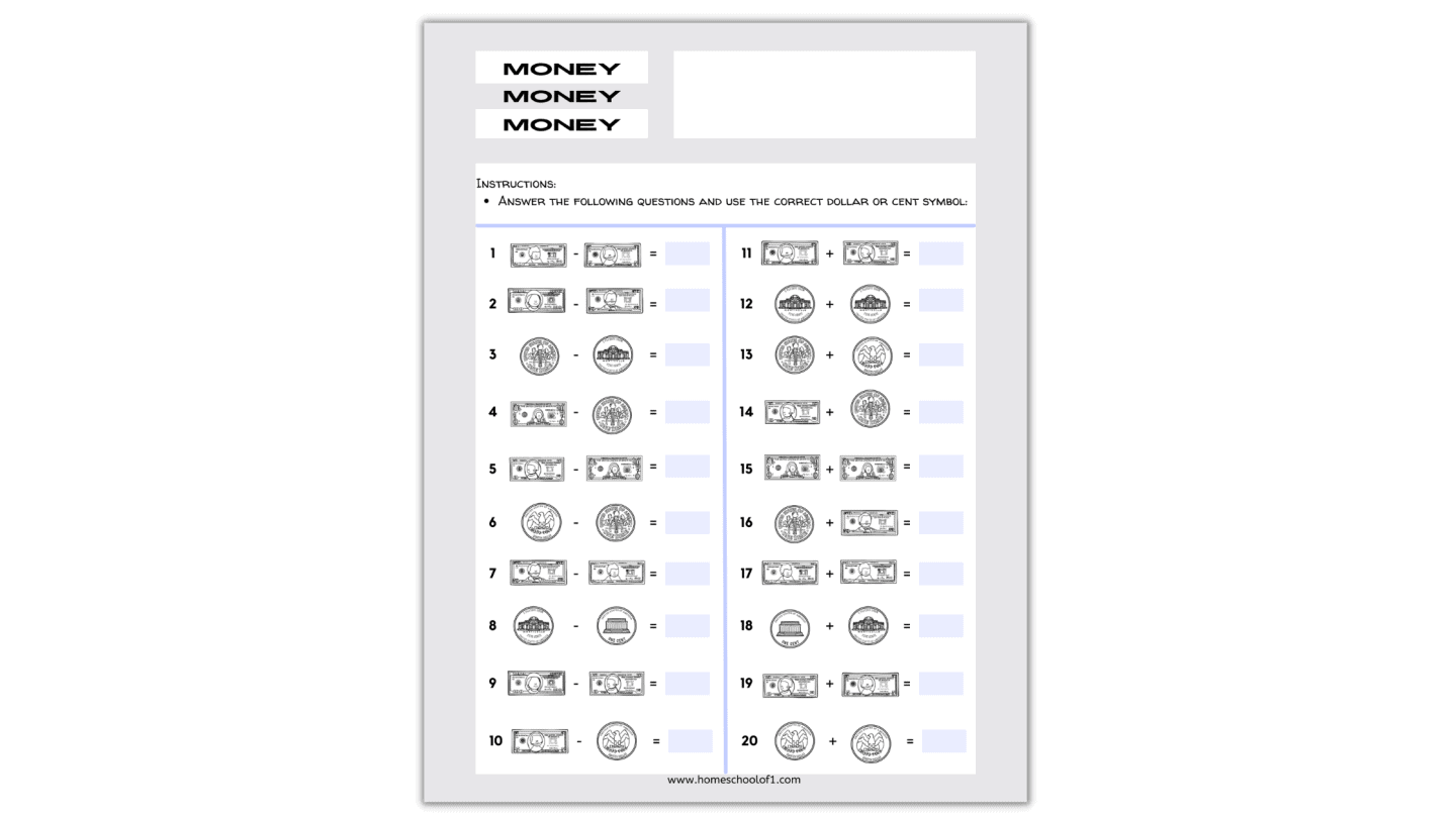14 Free Money Worksheets For Preschool -8th Grade