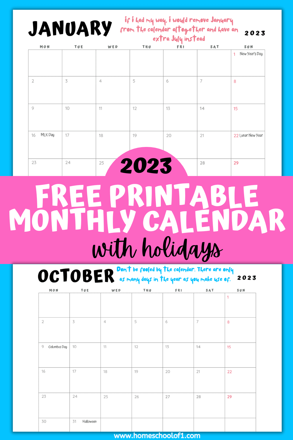 Free 2023 Printable Monthly Calendar With Holidays
