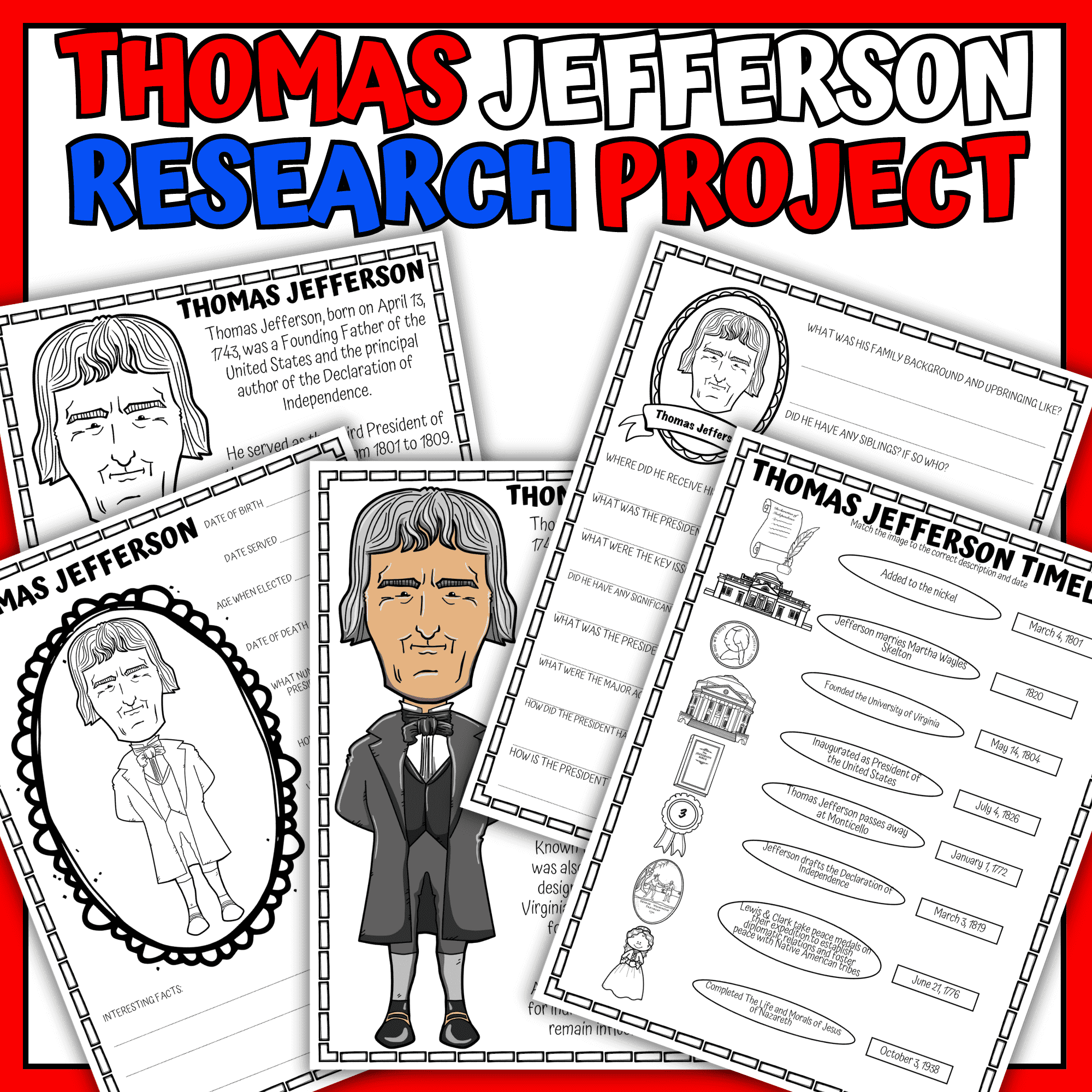 Thomas Jefferson Worksheet and Timeline Activity for Kids