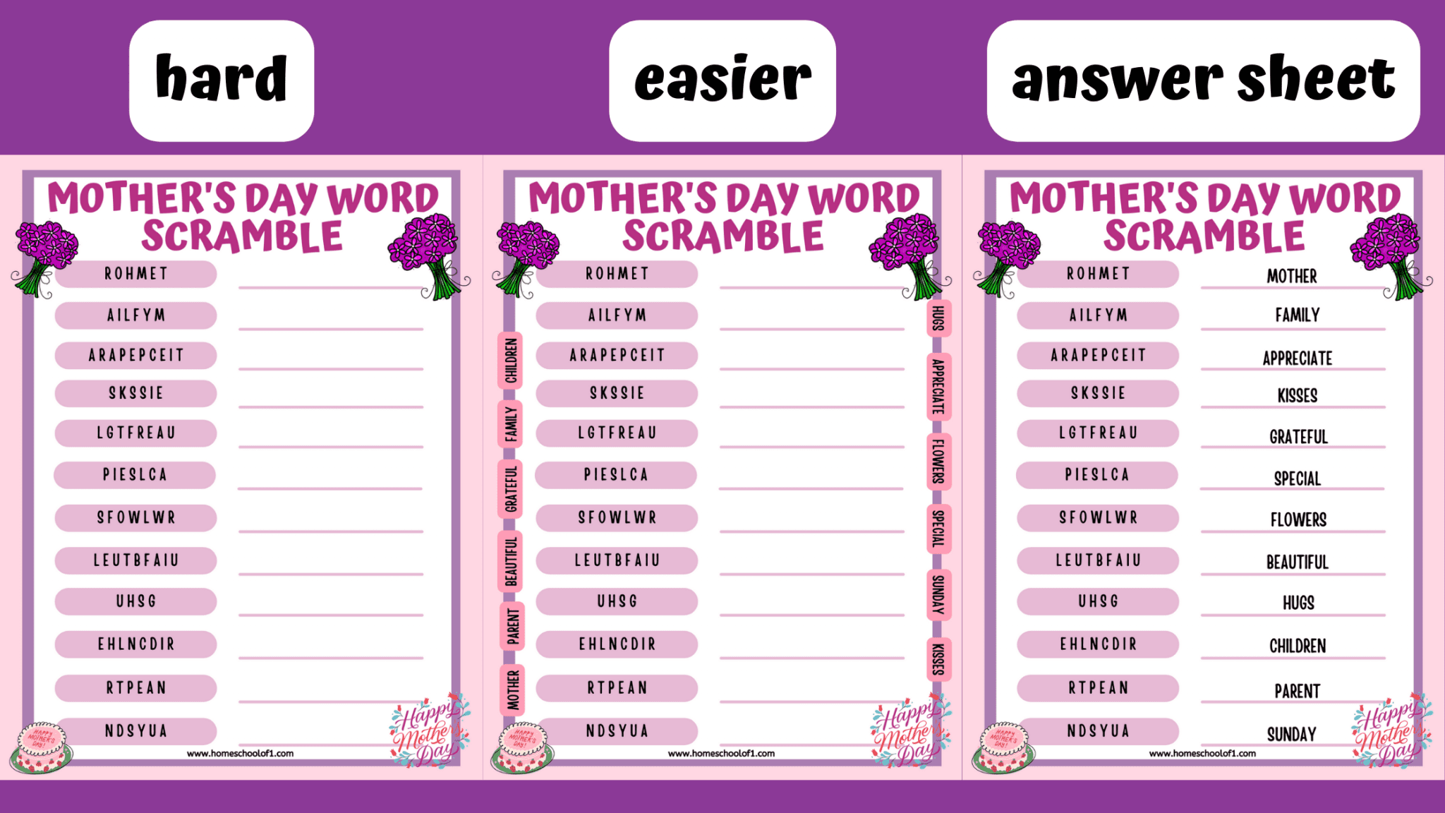 Mother's Day Word Scramble (easy & hard versions)