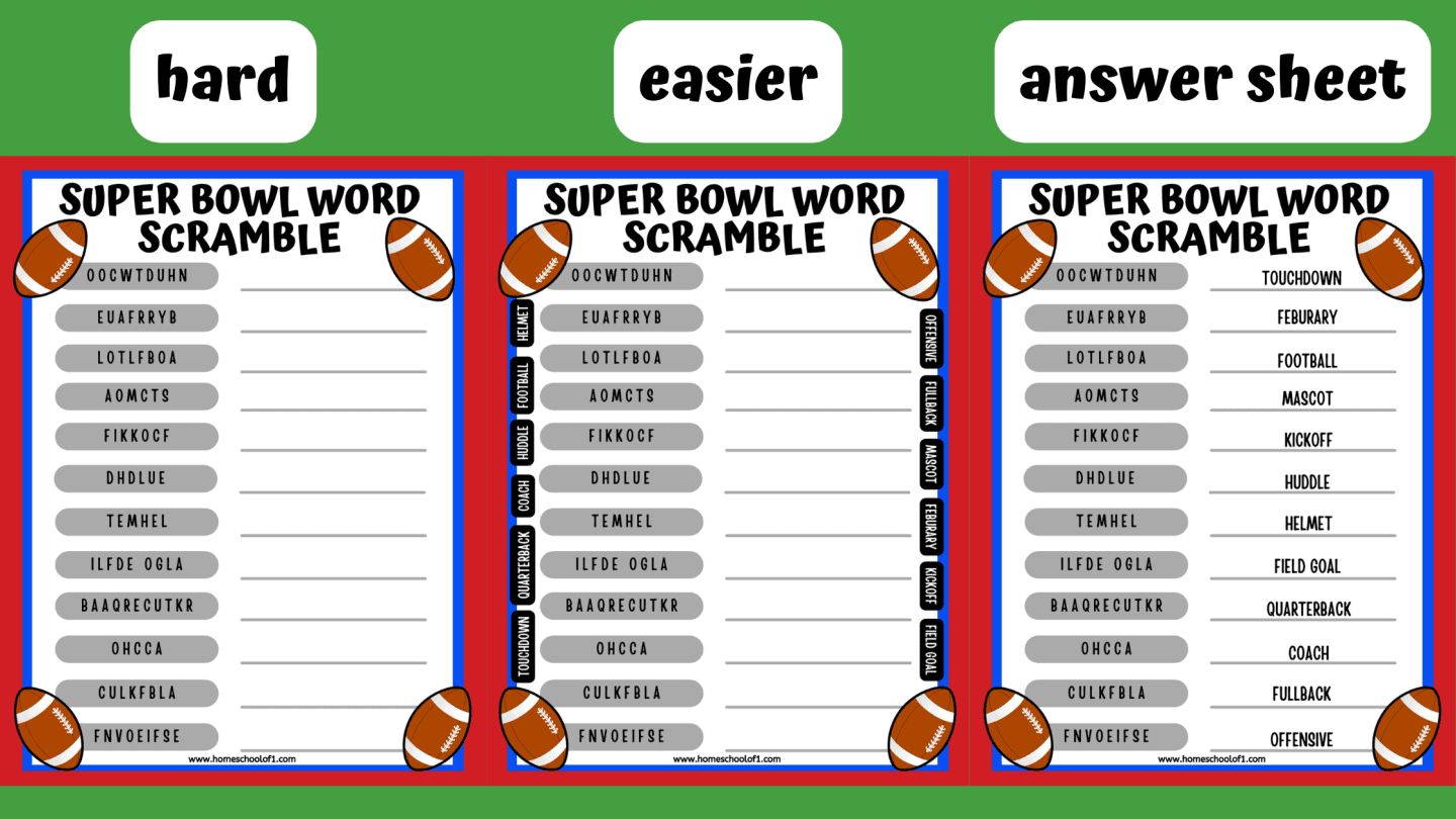 Super Bowl Word Scramble easy Hard Versions Super Bowl Word Scramble easy Hard Versions