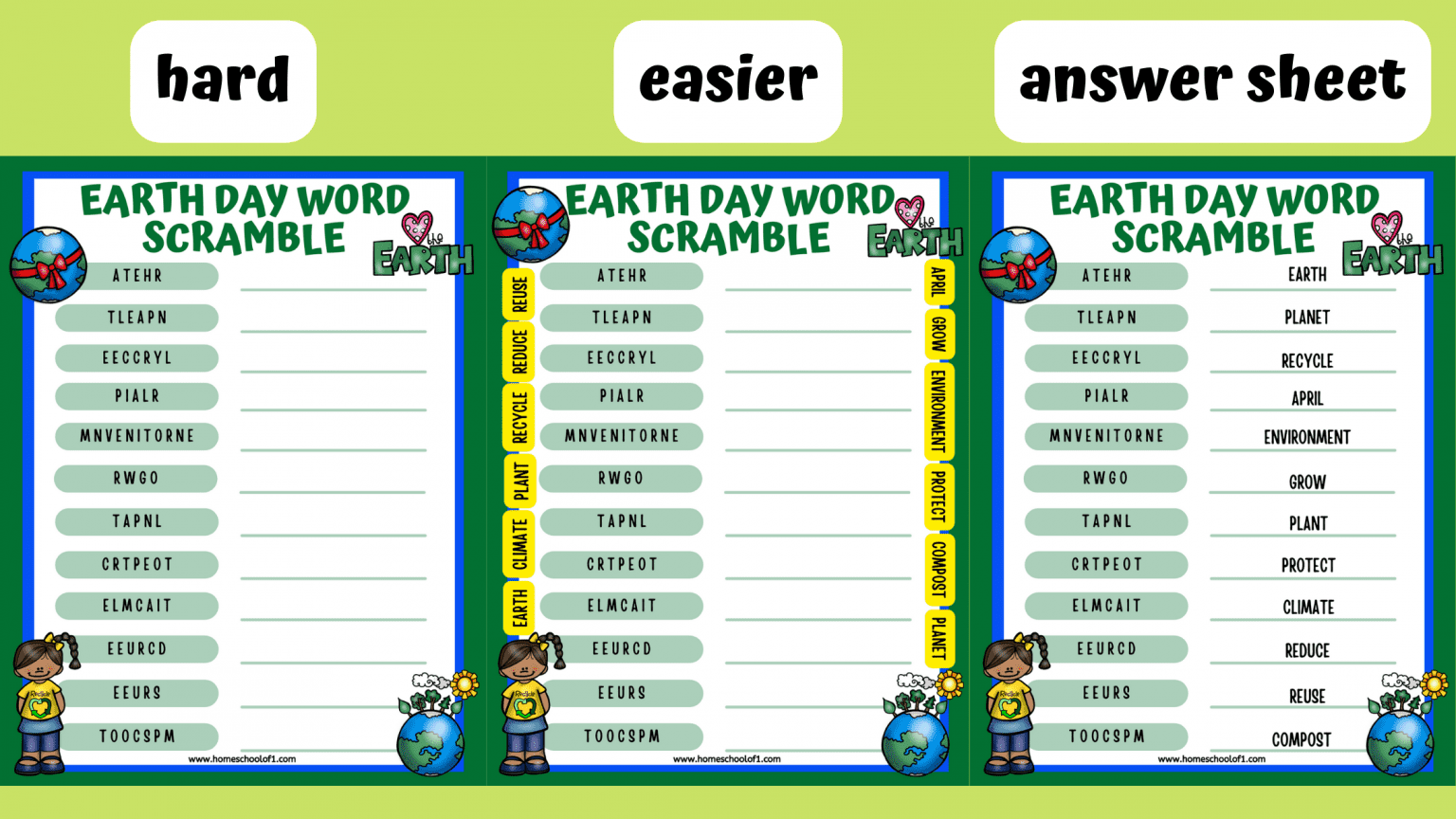 Earth Day Word Scramble (easy & hard versions)