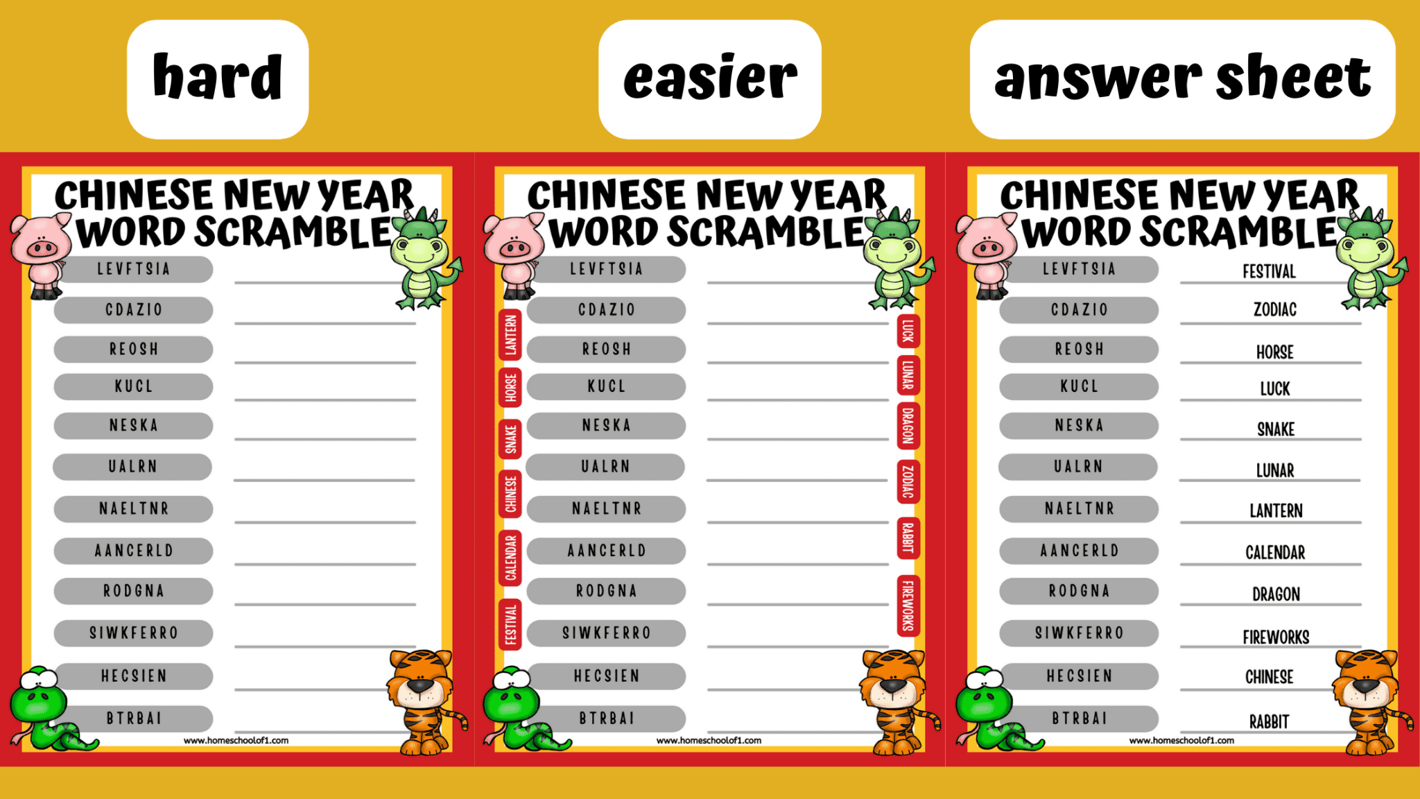 Chinese New Year Word Scramble (easy & harder versions)