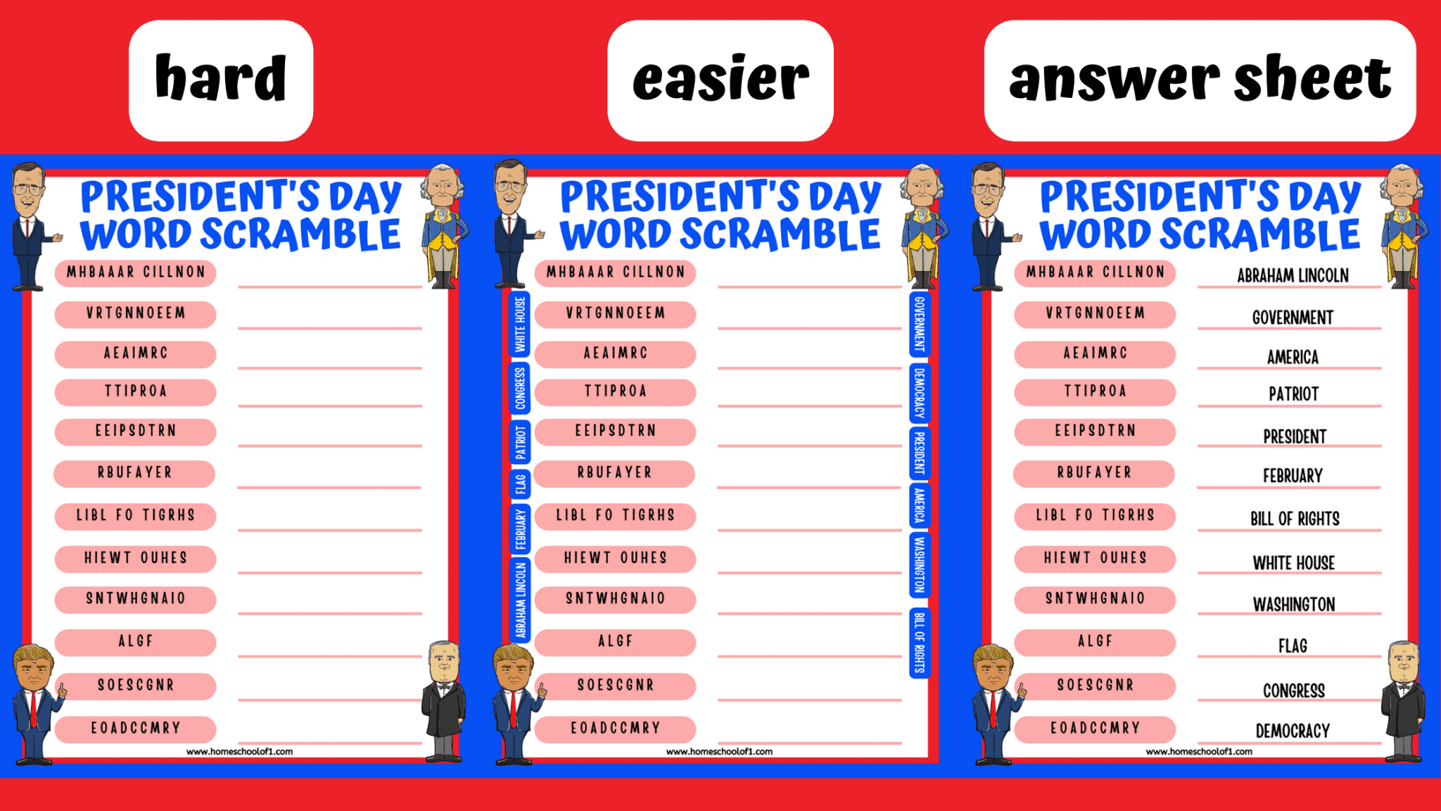 President's Day Word Scramble (easy & hard versions)
