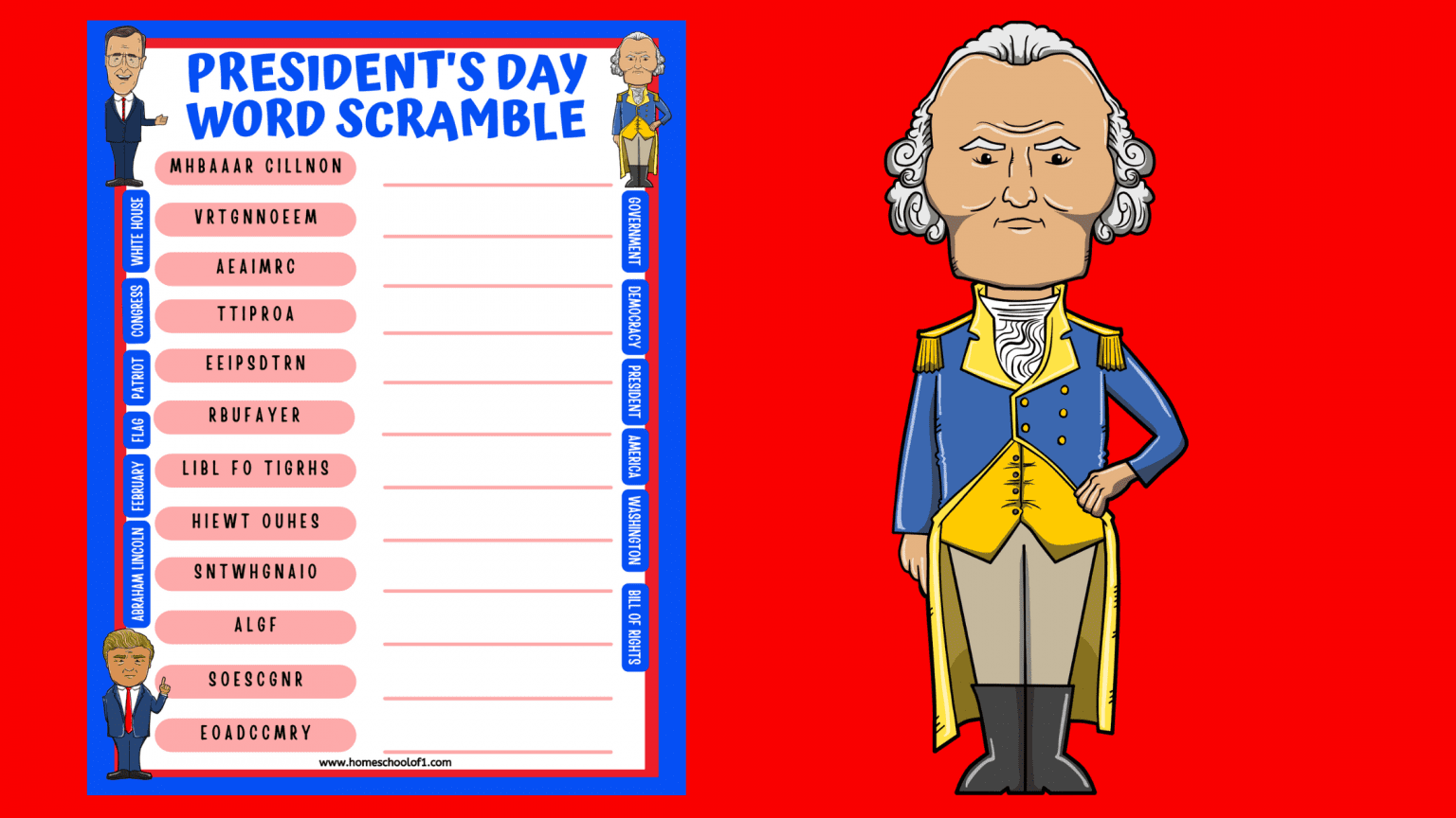 President's Day Word Scramble (easy & hard versions)