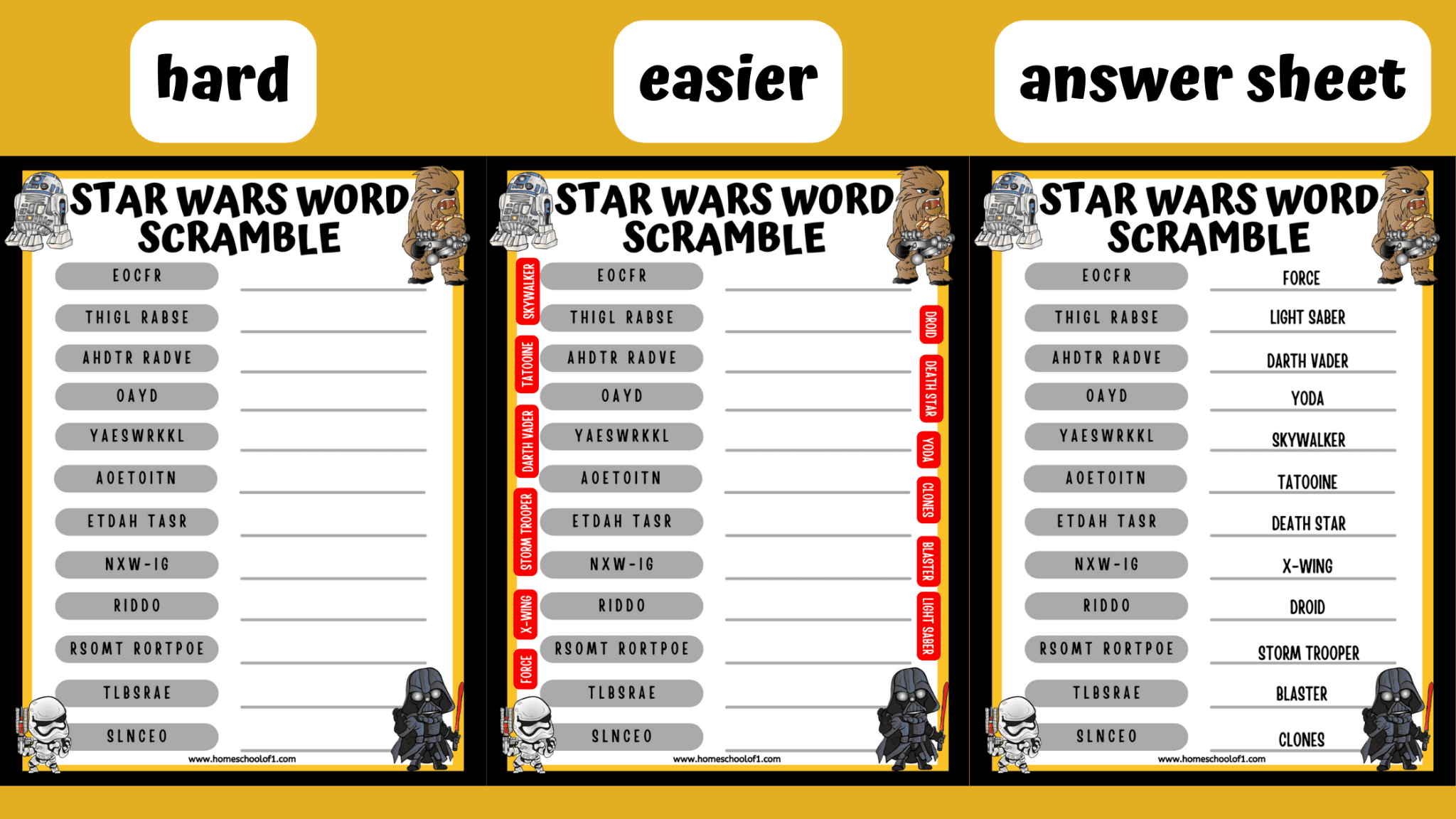 Star Wars Word Scramble (easy & hard versions)