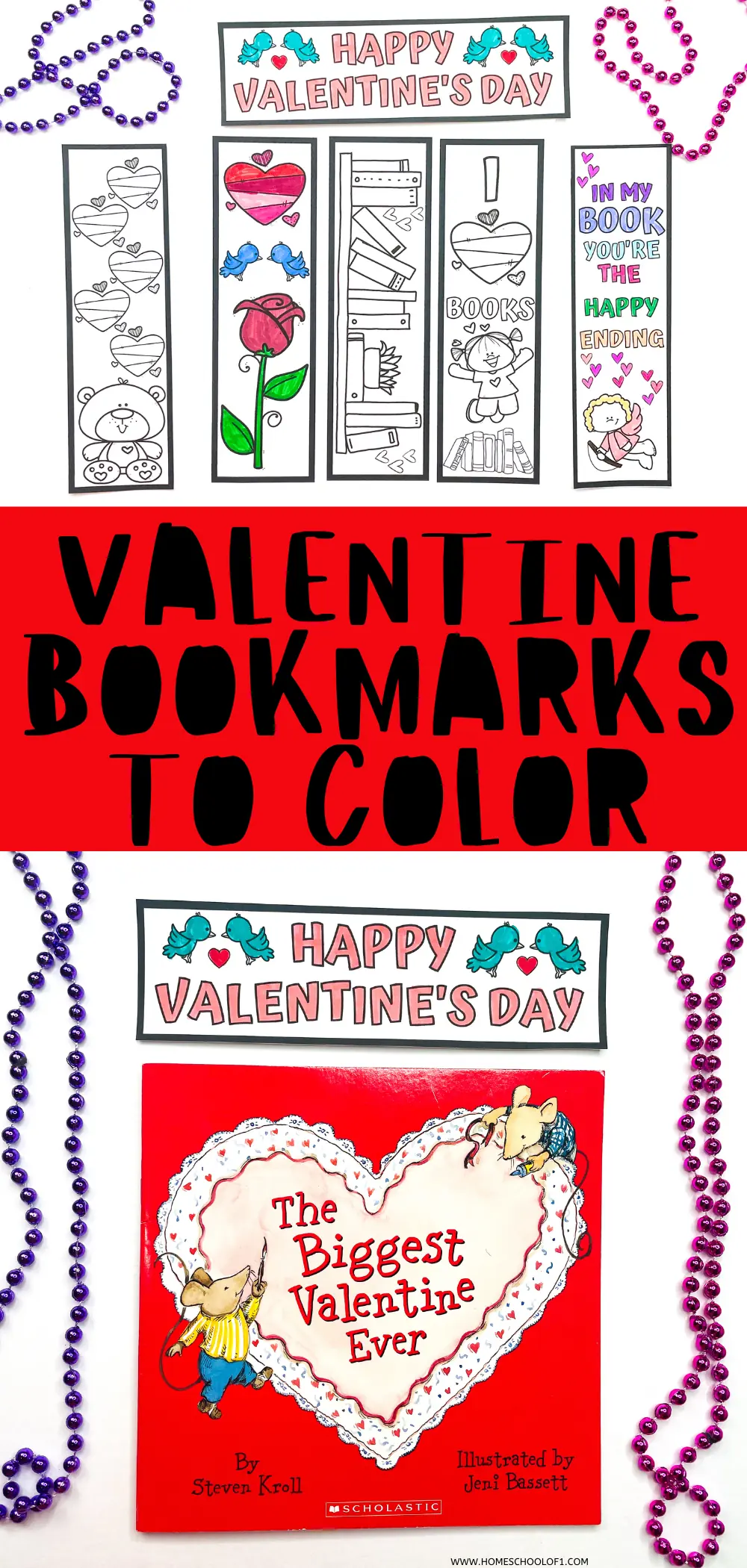 6 Free Printable Valentine Bookmarks to Color