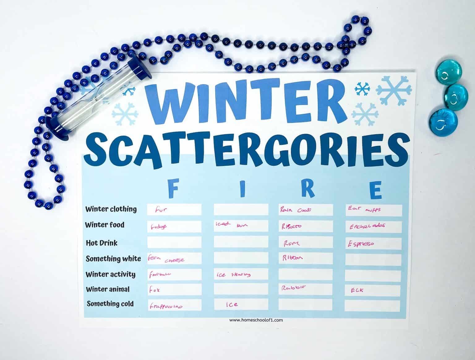 Winter Scattergories Free Printable
