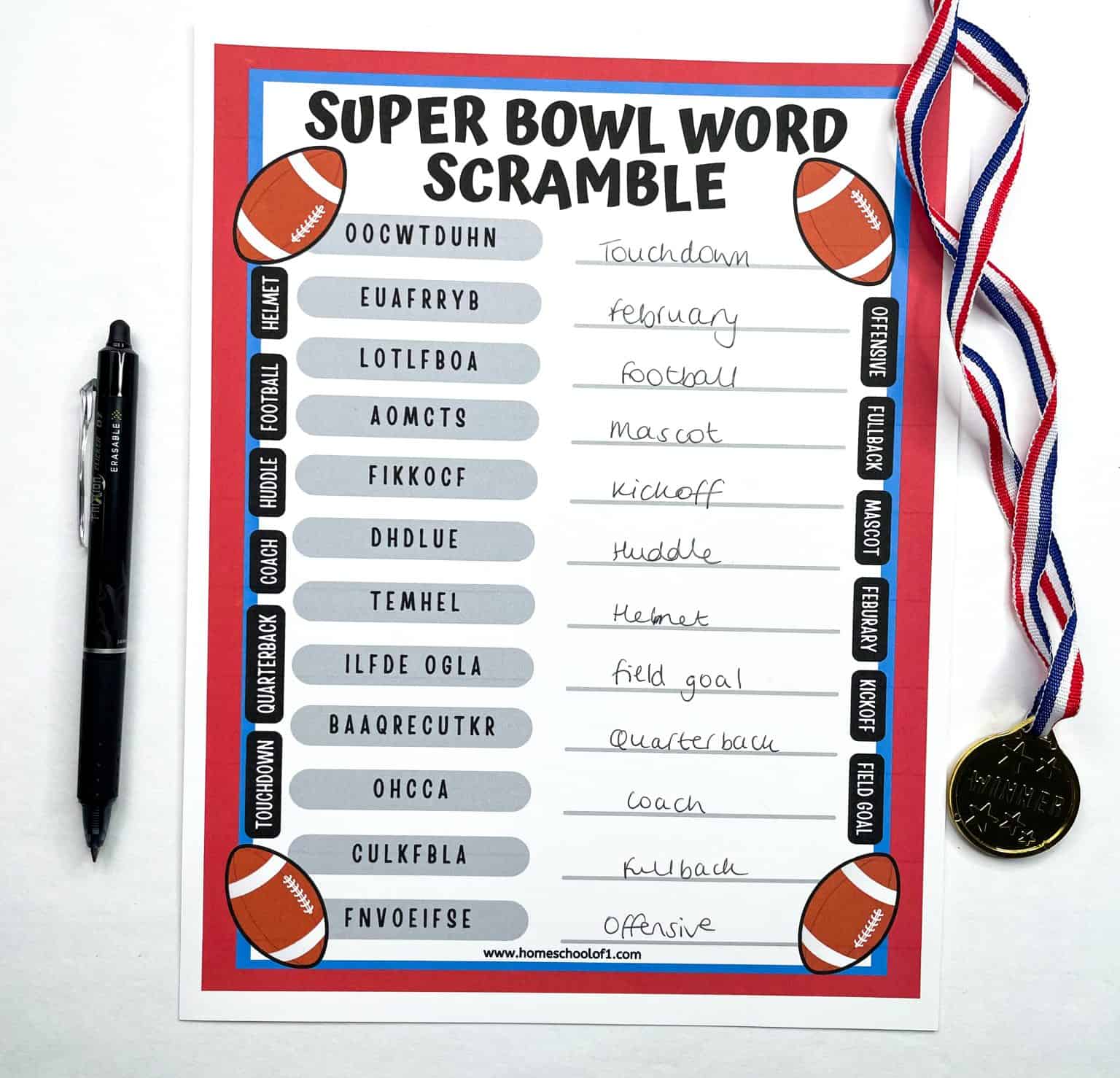 Super Bowl Word Scramble Printable (Easy & Hard Options)