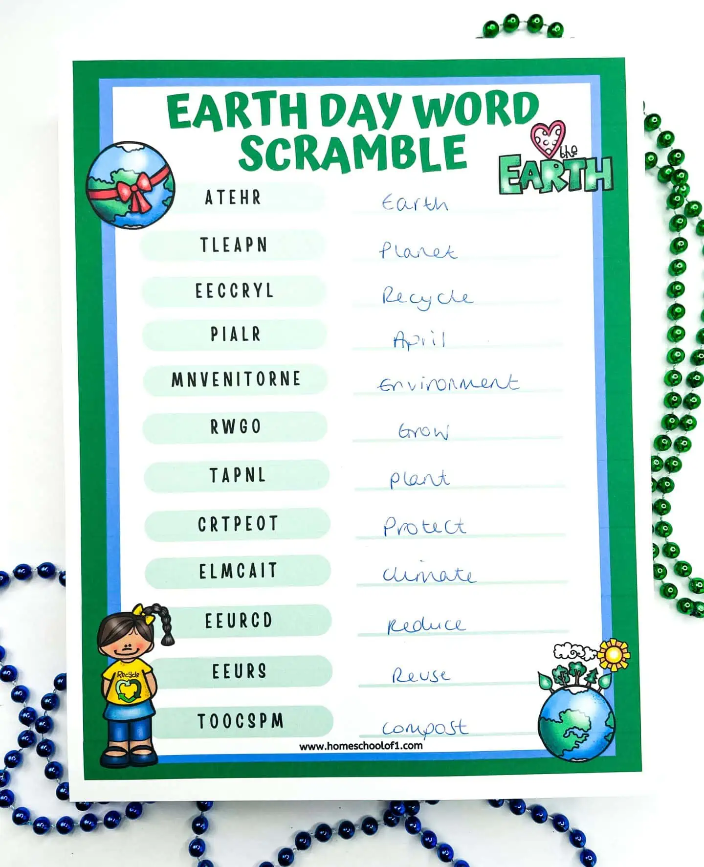 Free Earth Day Word Scramble Printable for Kids