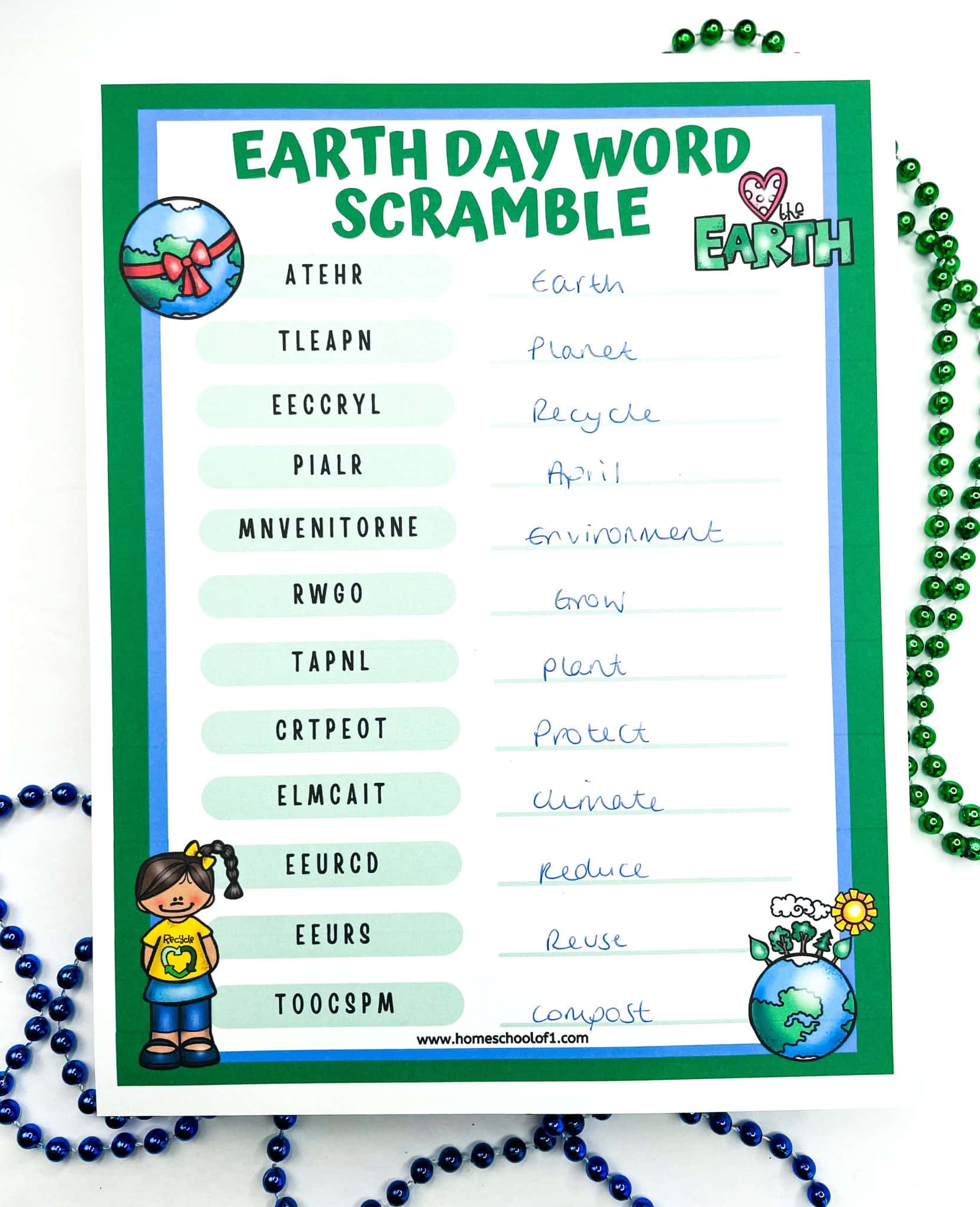 Free Earth Day Word Scramble Printable for Kids