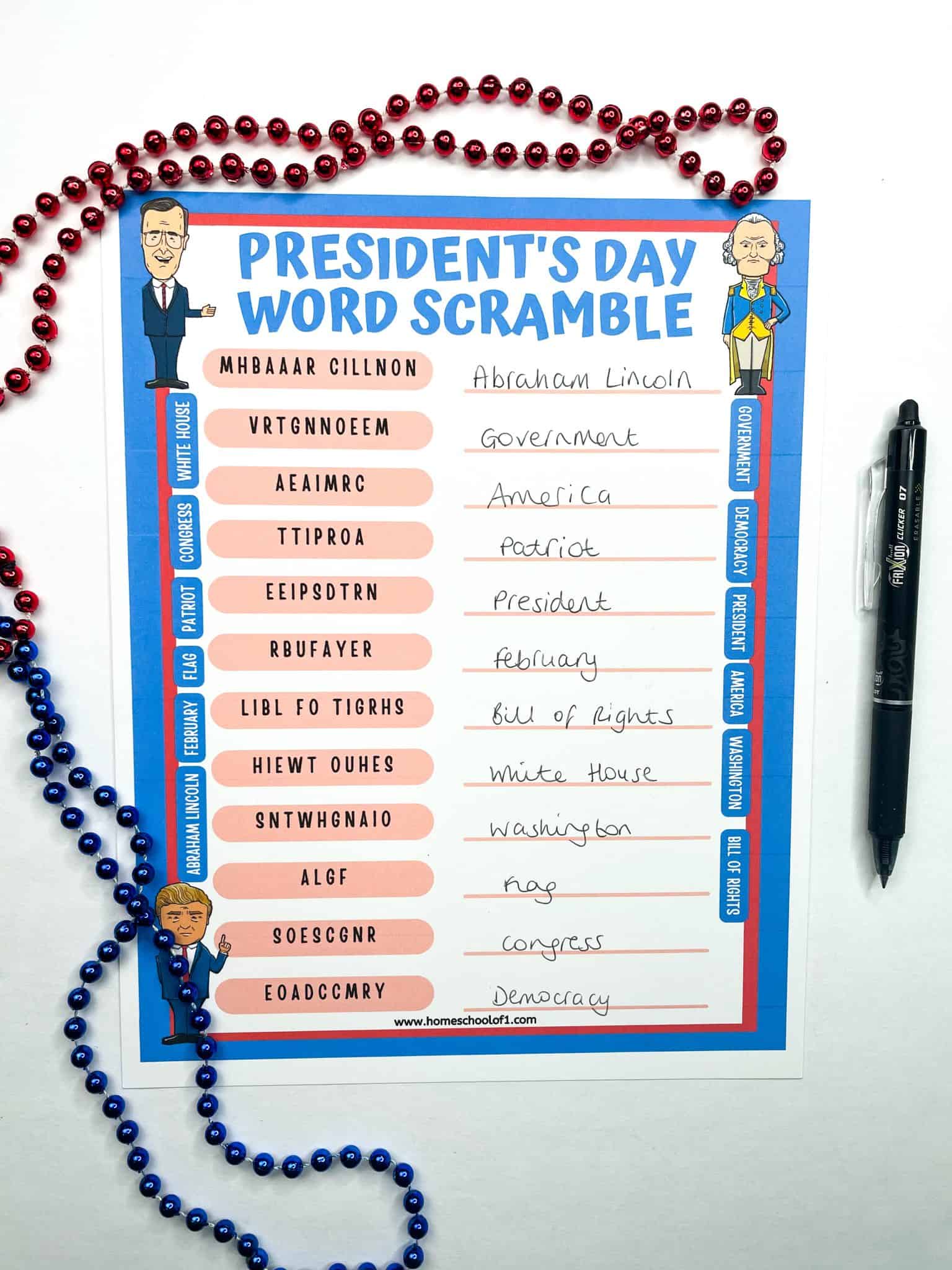 Free President's Day Word Scramble Printable For Kids