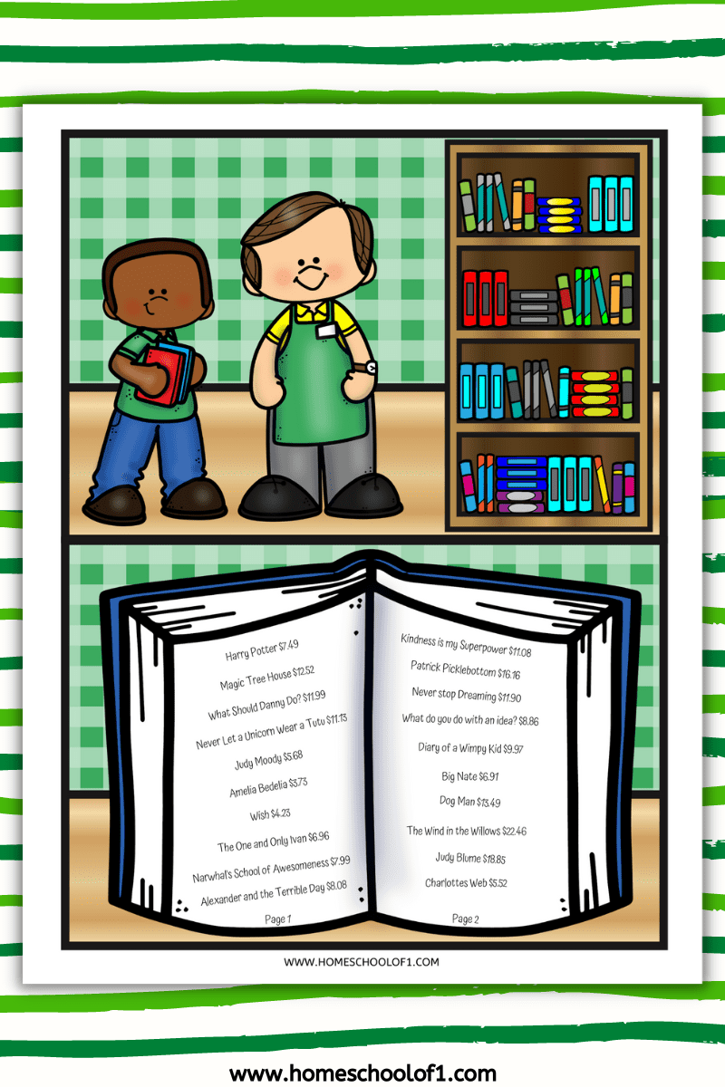 Shopping Worksheets: Role Play at the Bookstore (free printables)