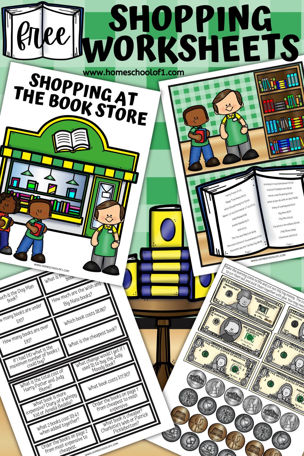 Free Shopping Math Worksheets | Role Play at the Bookstore