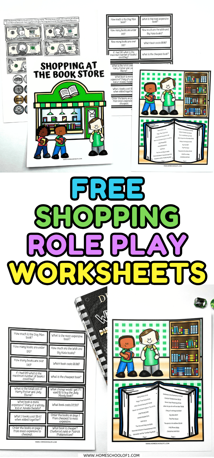 Free Shopping Math Worksheets | Role Play at the Bookstore