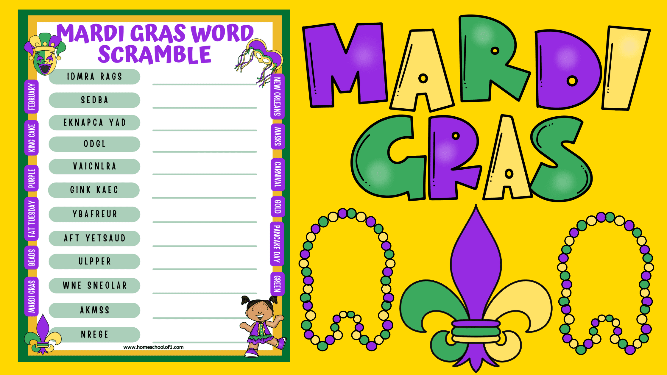 Mardi Gras Word Scramble Printable for Kids