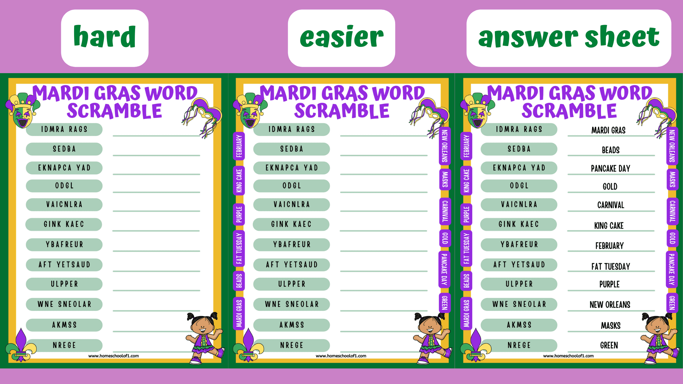 Mardi Gras Word Scramble Printable for Kids