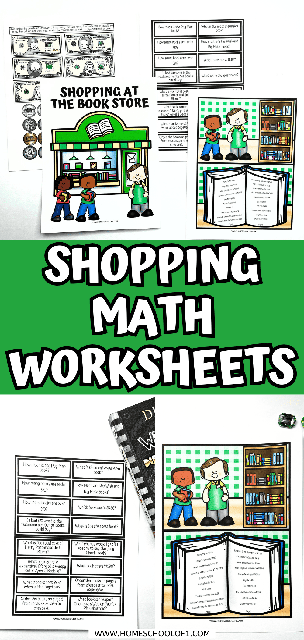 Free Shopping Math Worksheets | Role Play at the Bookstore