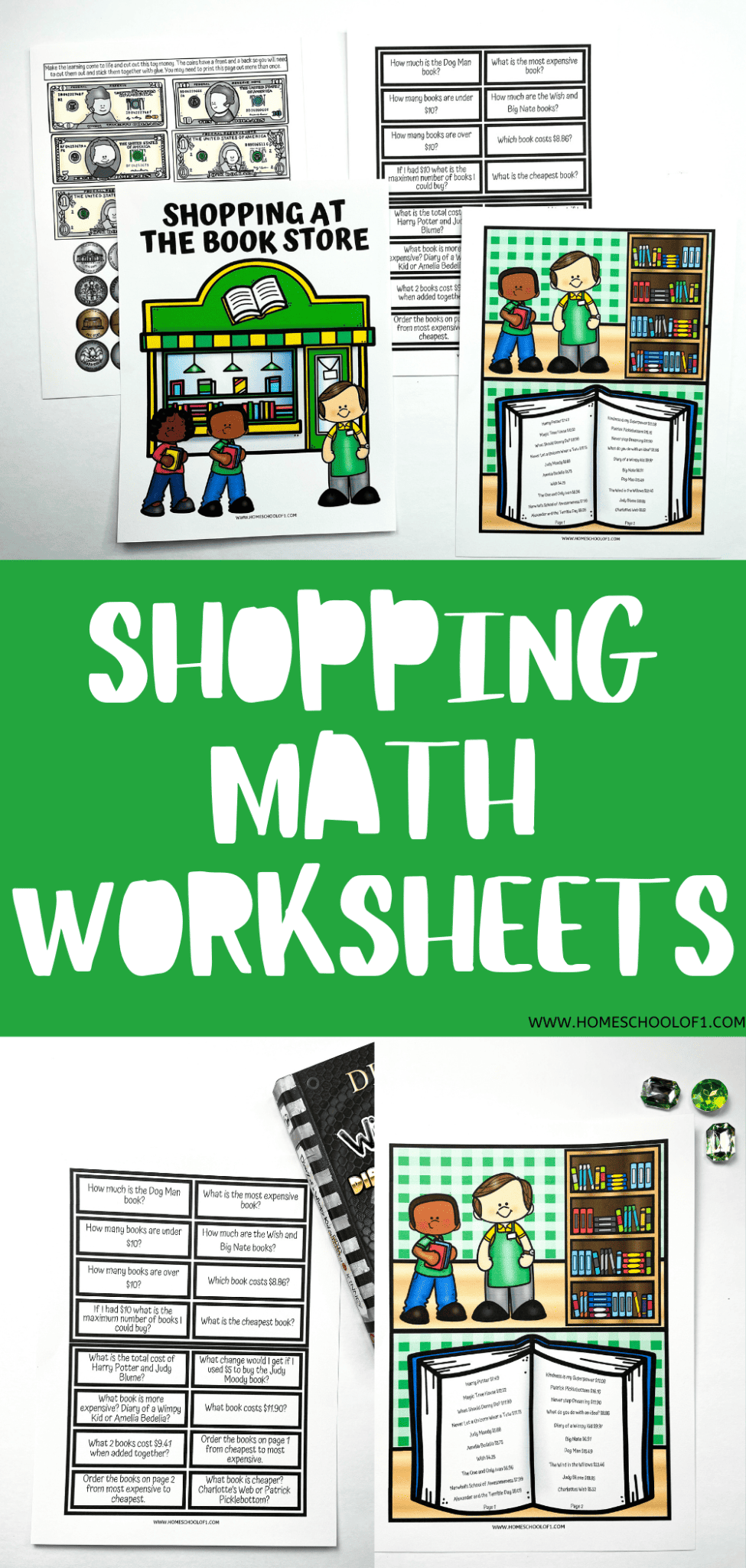 Free Shopping Math Worksheets | Role Play at the Bookstore