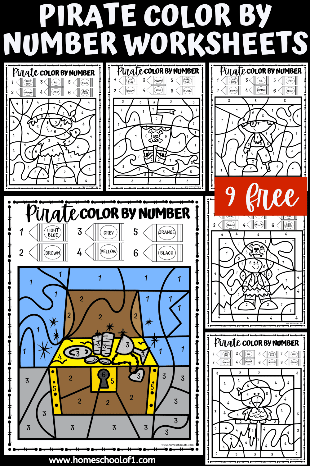 Free Pirate Color by Number Worksheets