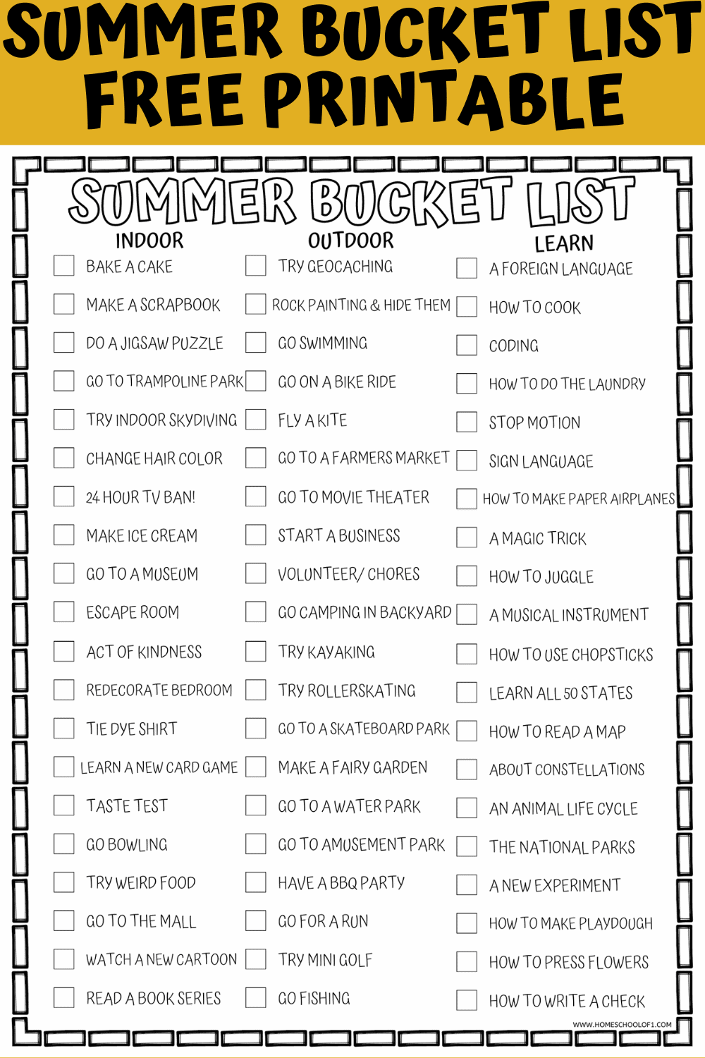 Free Summer Bucket List Printable for Kids
