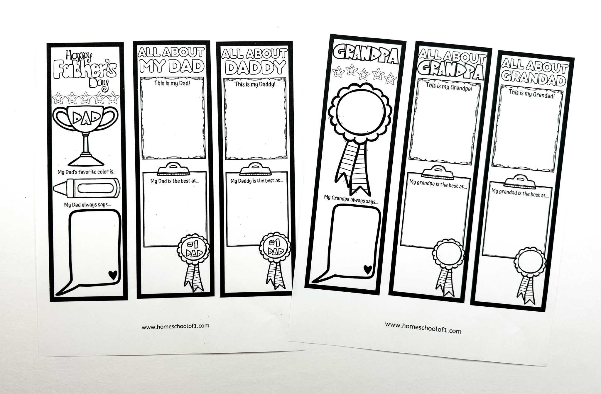 Free Printable Father's Day Bookmarks to Color for Dad & Grandpa