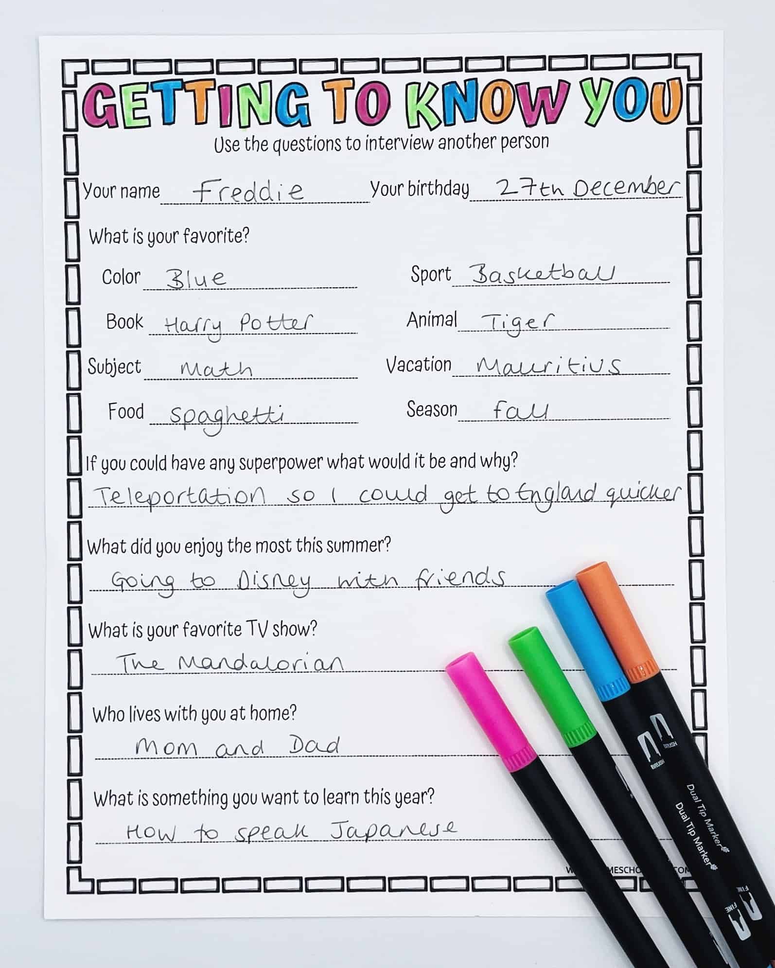 Free Getting to Know You Worksheet for the First Day of School Free Getting to Know You Worksheet for the First Day of School