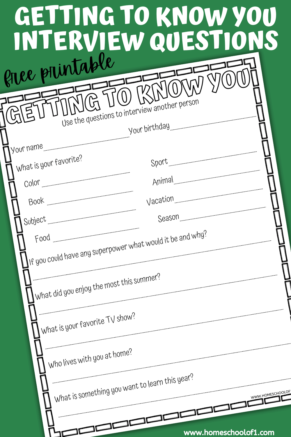 Free Getting to Know You Worksheet for the First Day of School