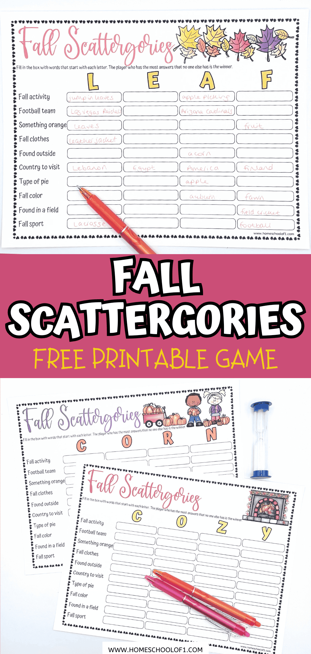 Fall Scattergories Free Printable Boards